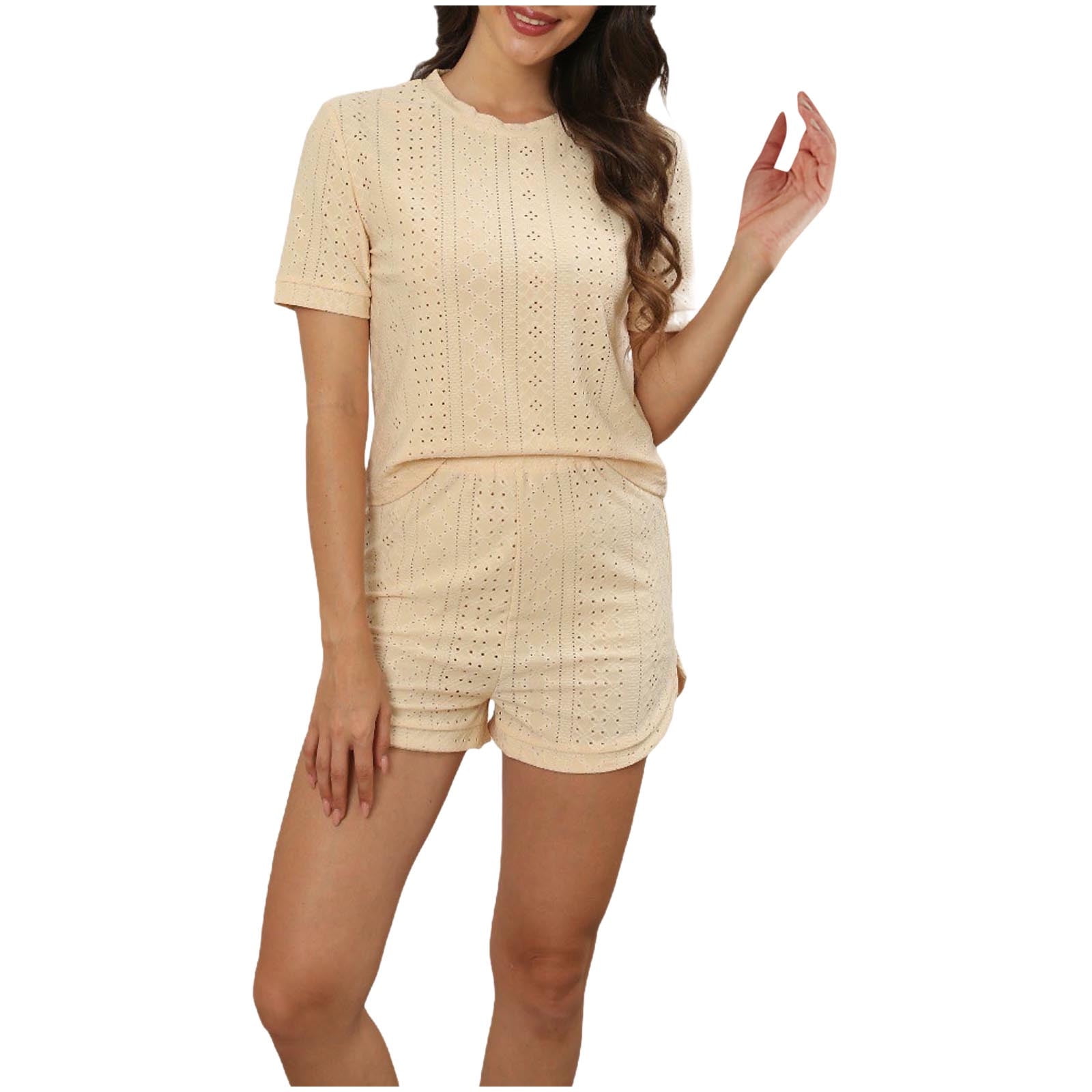 CLOISE 2 Piece Outfit for Women Short Sleeve Smocking Outfits Cut Out ...