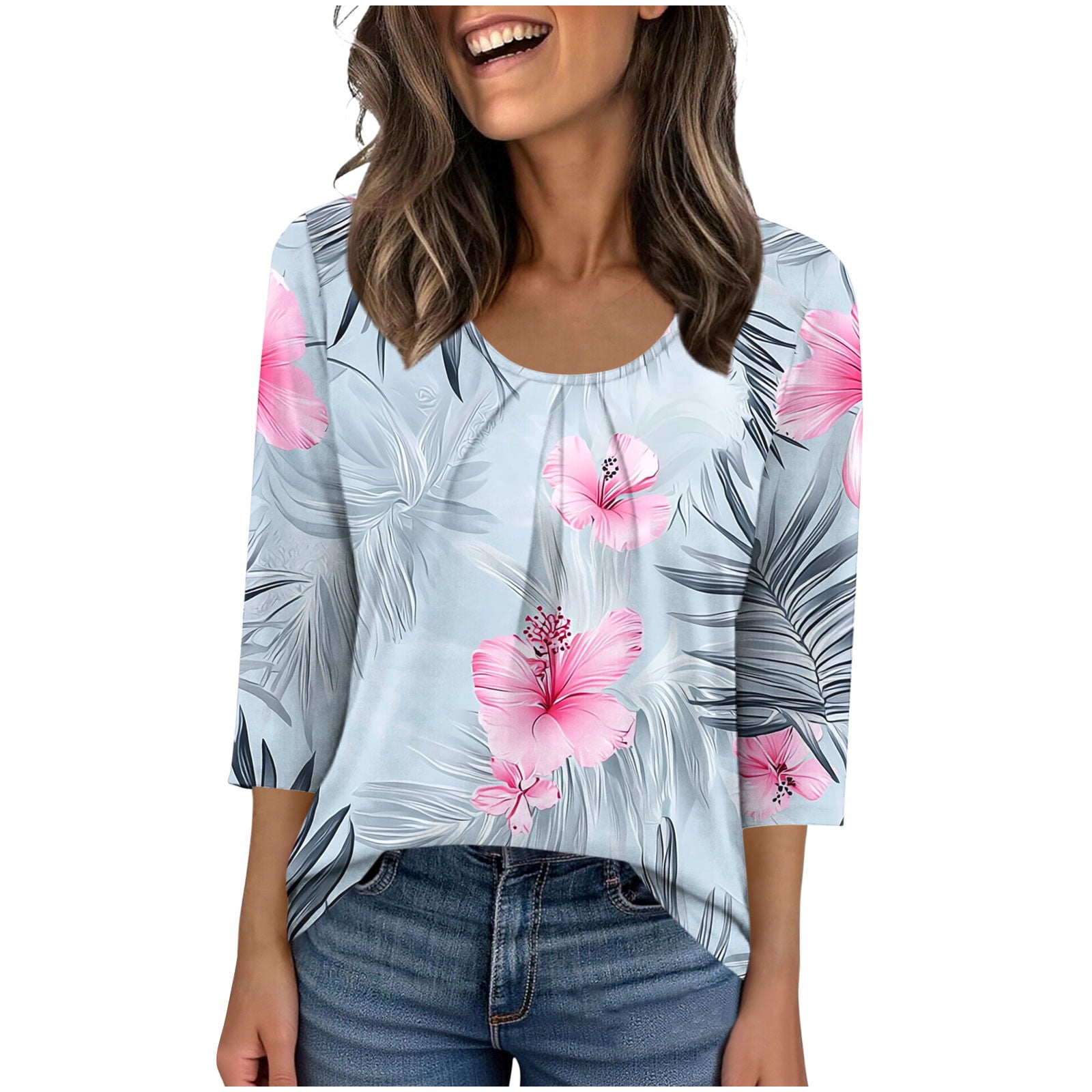 CLOISE 3/4 Length Sleeve Womens Tops Shirts Floral Crew Neck Pullover ...