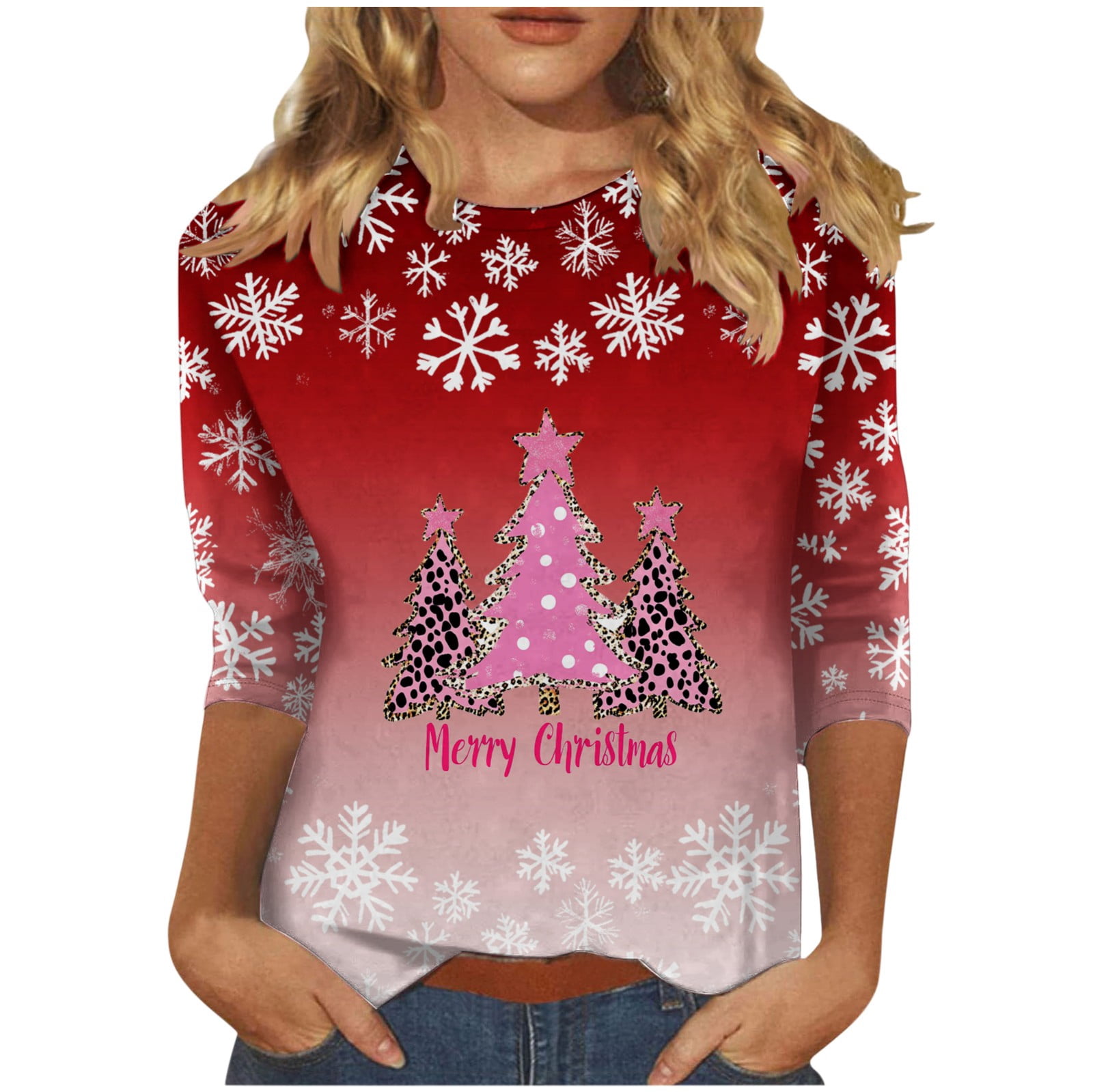 CLOISE 3/4 Sleeve Blouses for Women Christmas Plus Size Crew Neck Shirt ...