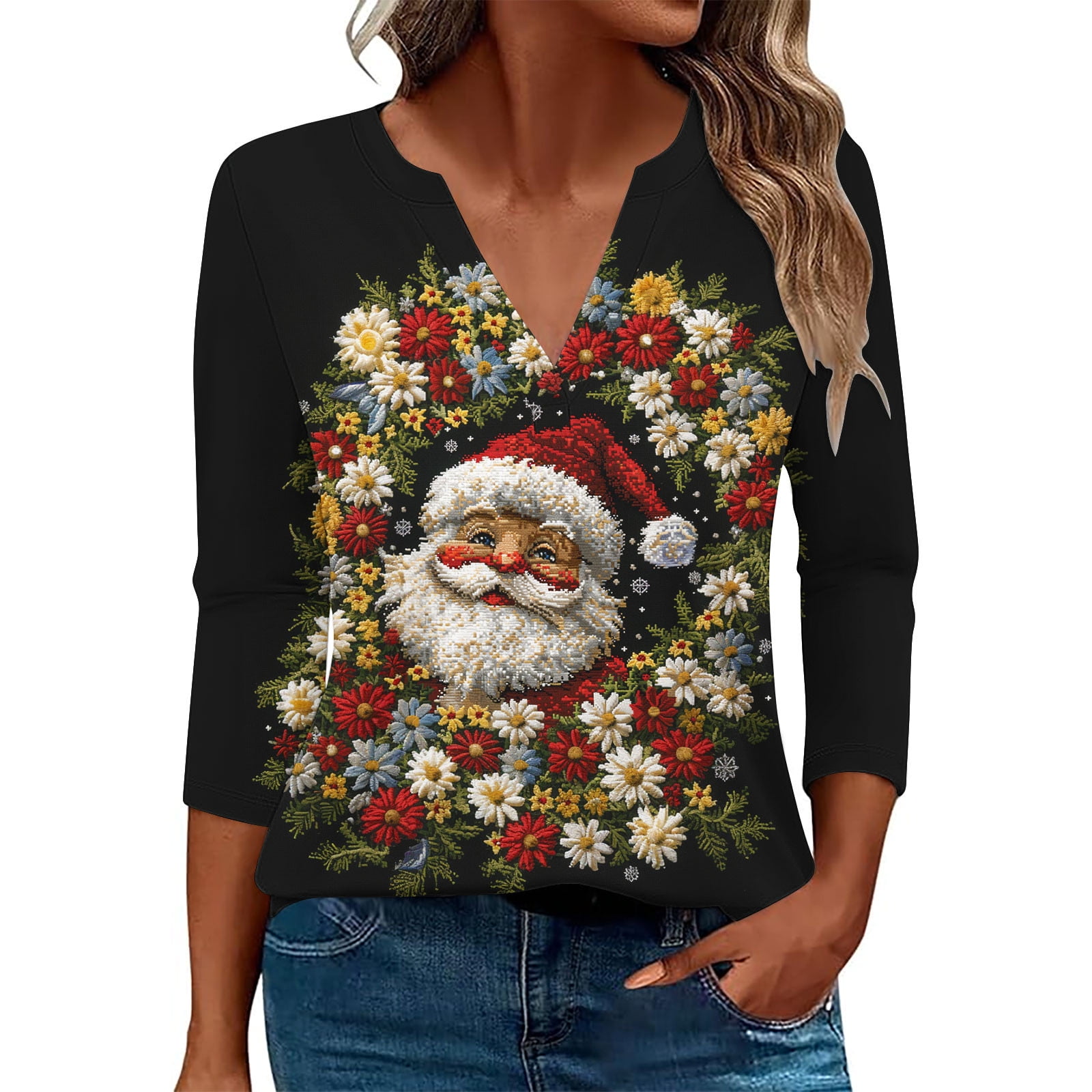 CLOISE 3/4 Sleeve T Shirts for Women Christmas V Neck Tops Santa ...