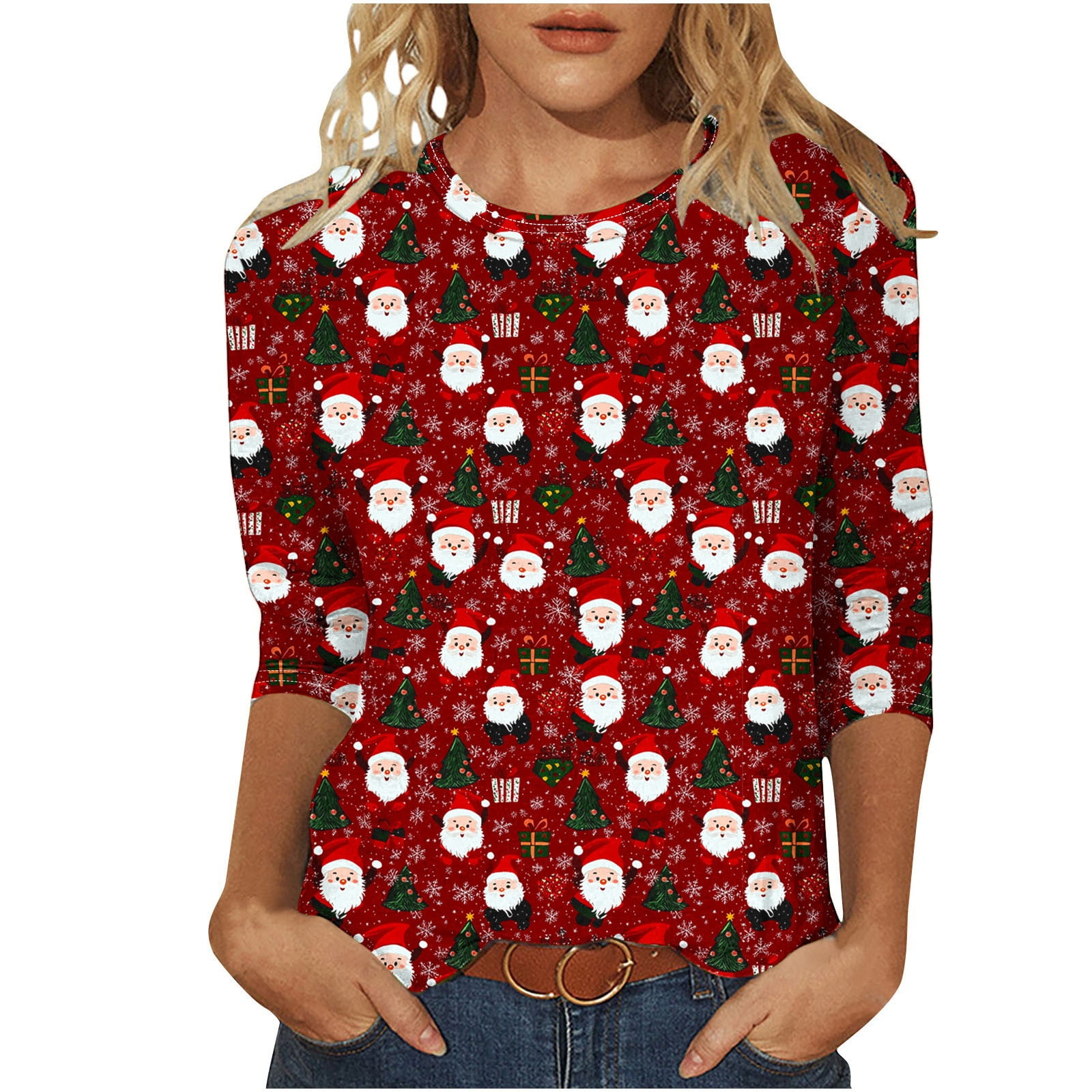 CLOISE 3/4 Sleeve Tops for Women Christmas Plus Size Crew Neck Shirt ...