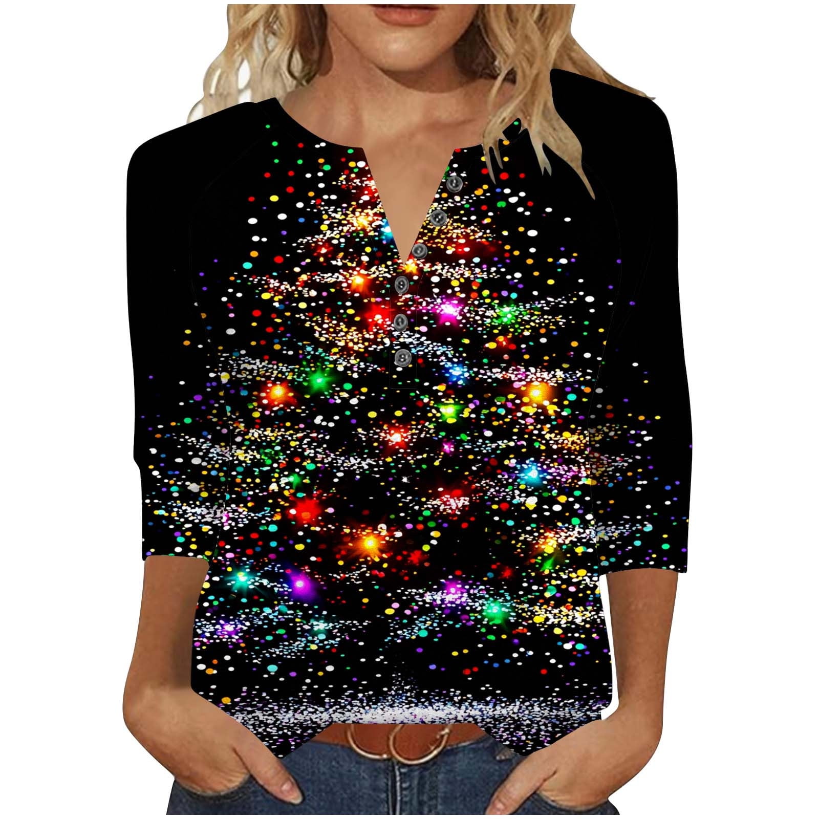 CLOISE 3/4 Zip Pullover Womens Christmas Plus Size V Neck Tops Button ...