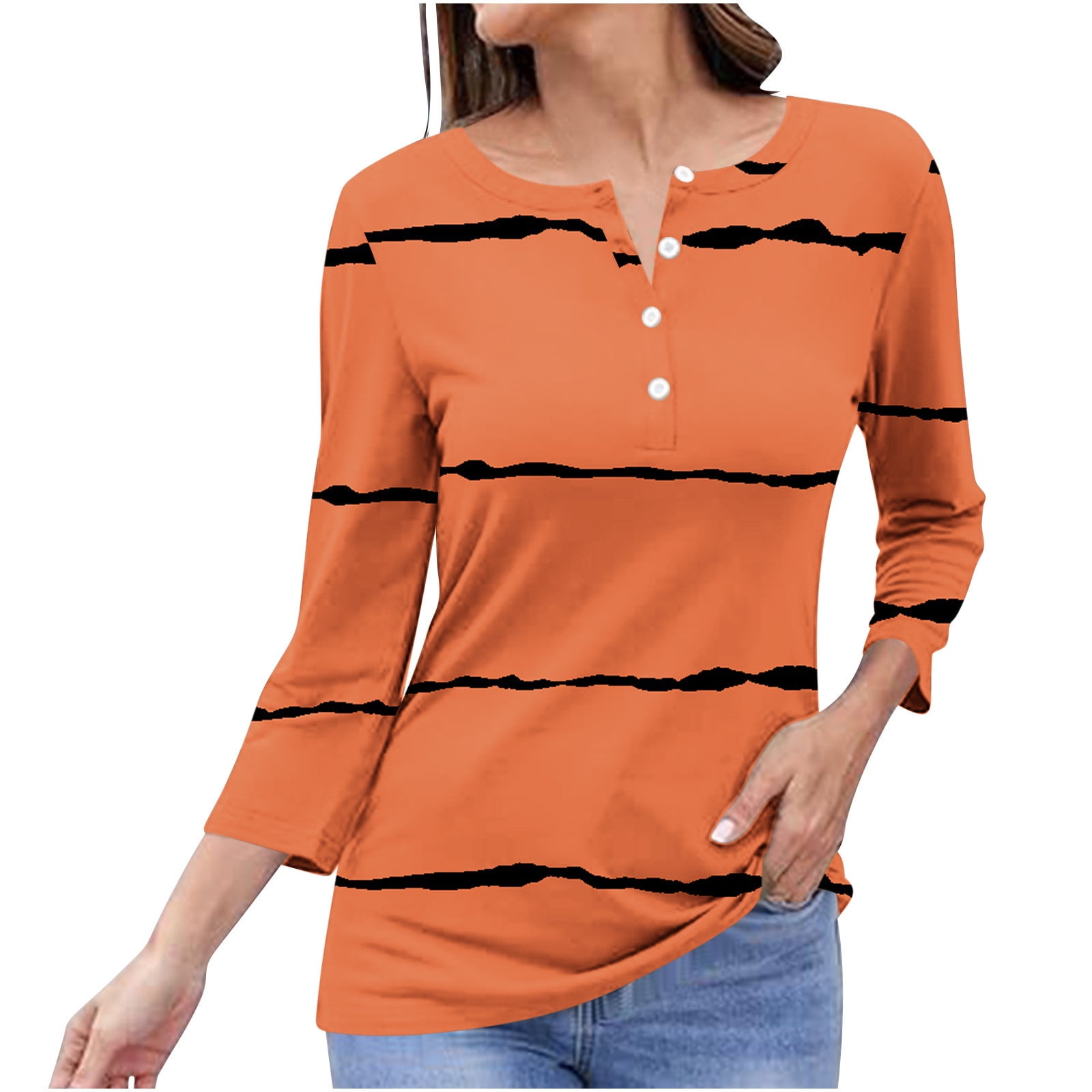 CLOISE Blouses for Women 2024 Fall Fashion Striped Tops Henley V Neck ...