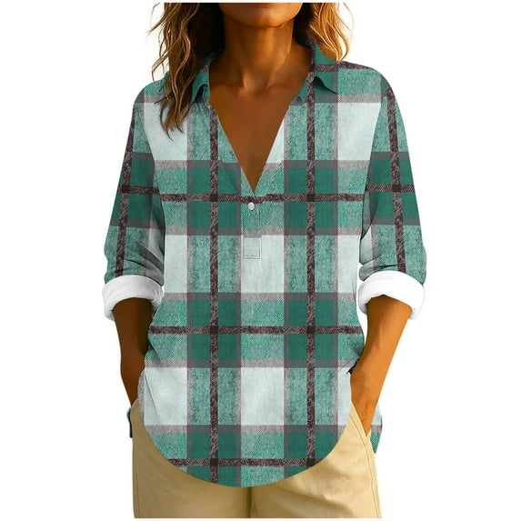 CLOISE Button up Shirt Women Plus Size Collared Tops Plaid Long Sleeve ...