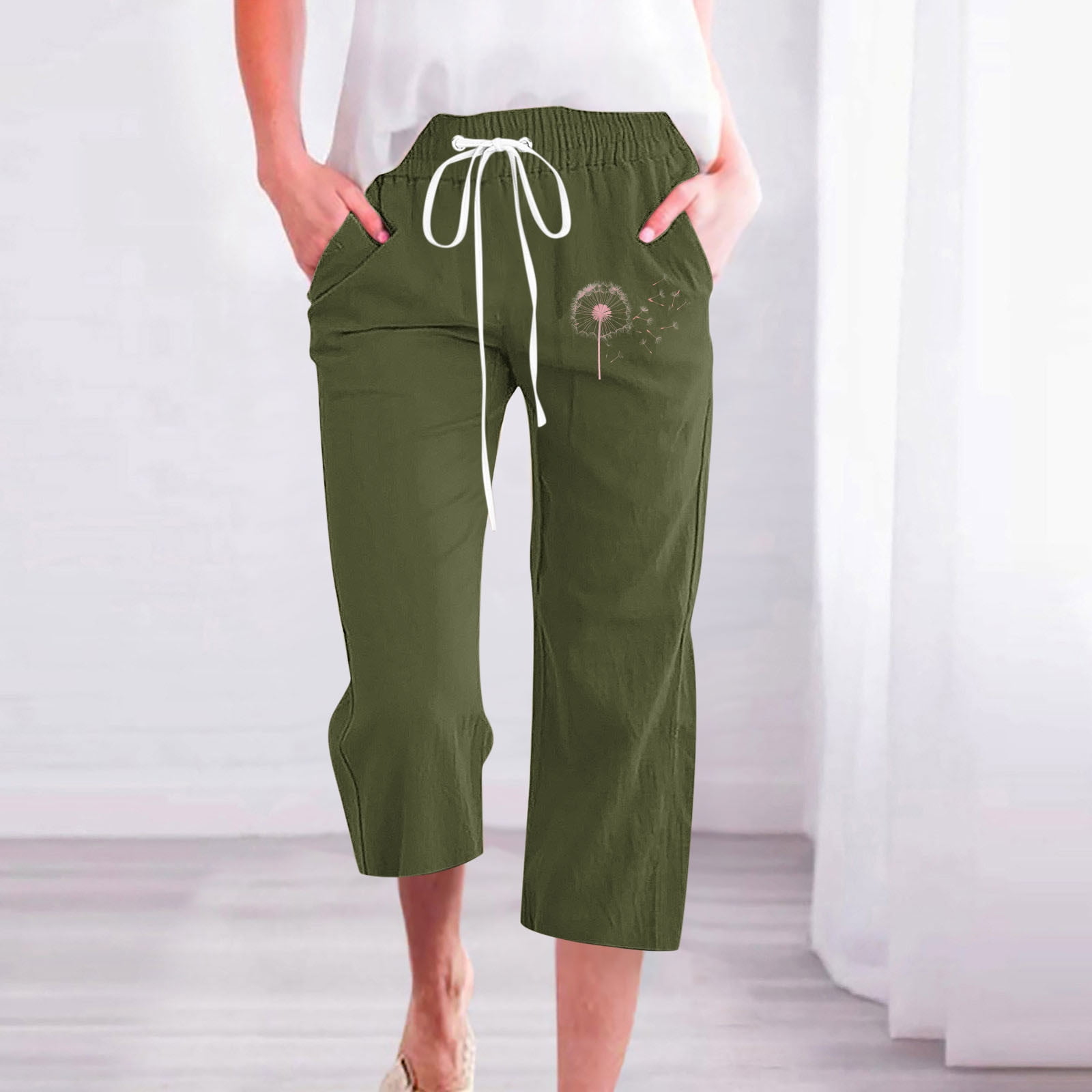 CLOISE Capri Pants for Women Athletic With Pockets Cotton Linen Capris Lounge Elastic Waist ...