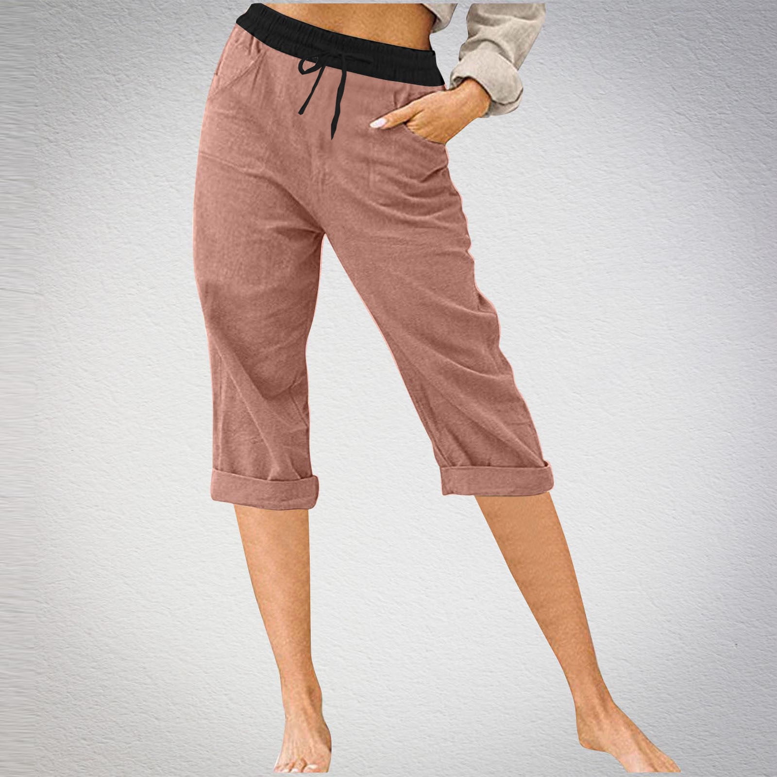 CLOISE Capris for Women Cotton Linen Capris With Pockets Stretch High Waisted Cropped Pants ...
