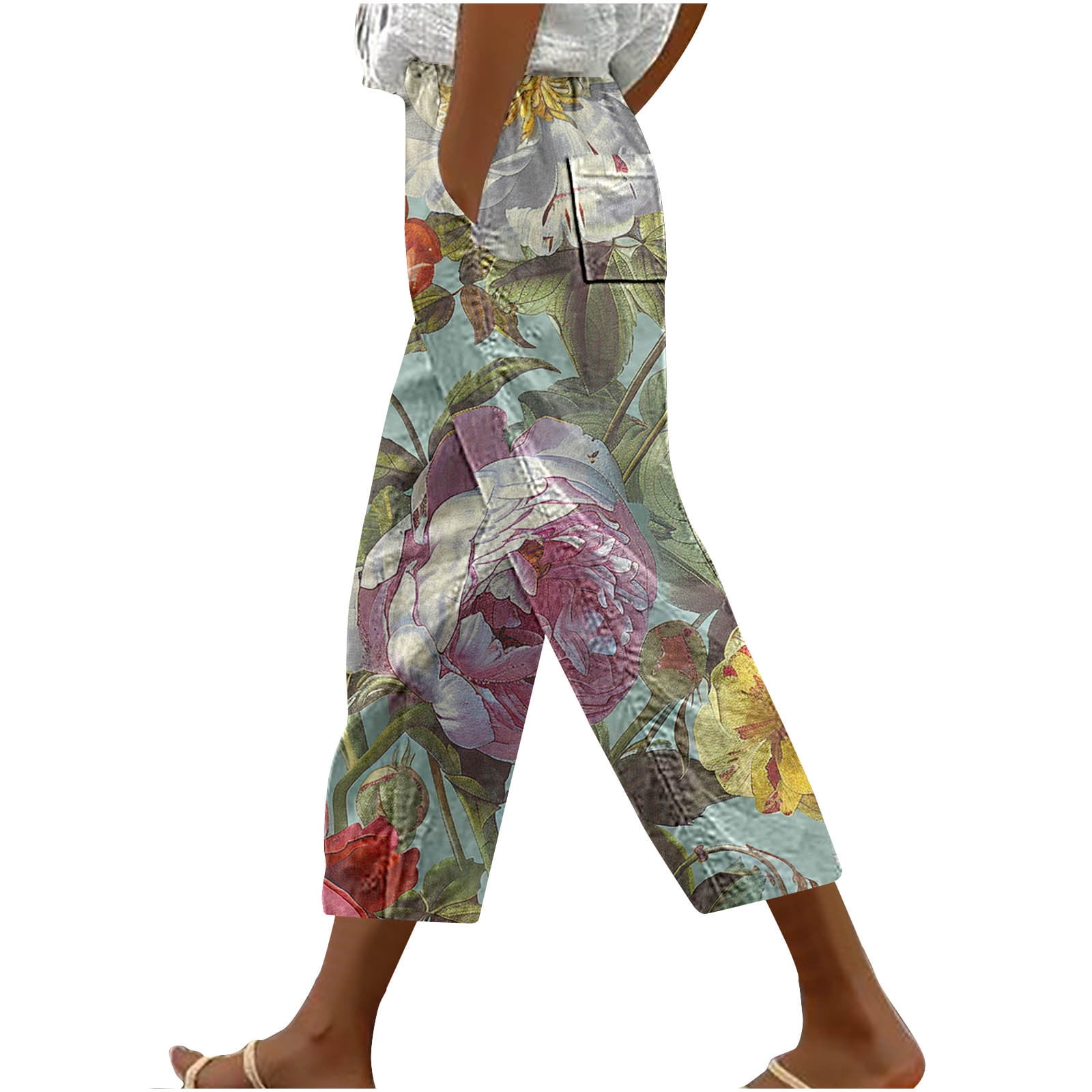 CLOISE Capris for Women with Pockets Stretch Wide Leg Pants Elastic High Waisted Palazzo Pants ...