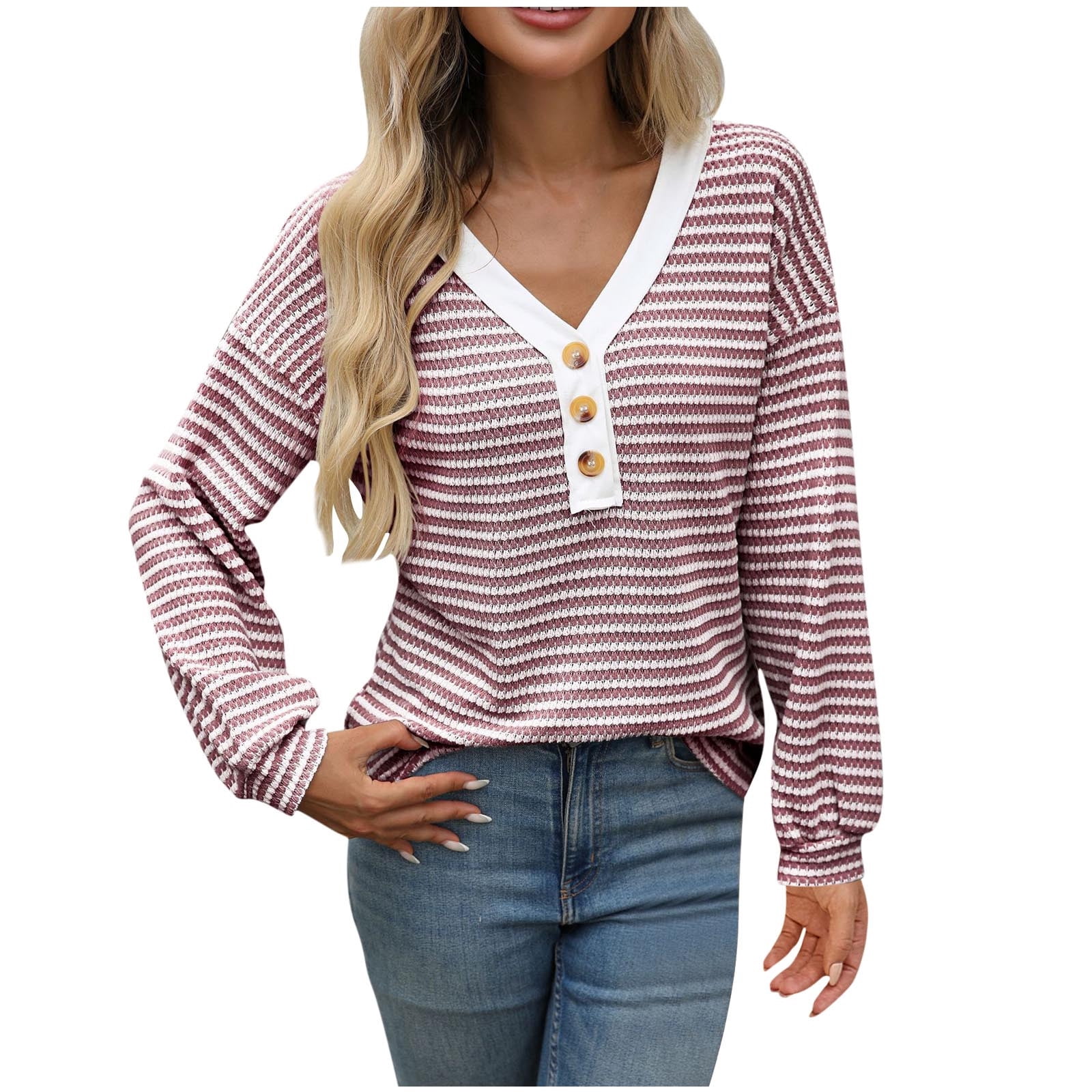 CLOISE Casual Tops for Women V Neck Shirt Button Striped Long Sleeve ...