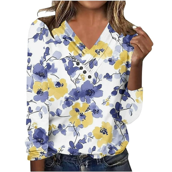CLOISE Cute Graphic Tees for Women V Neck Button Graphic Long Sleeve ...