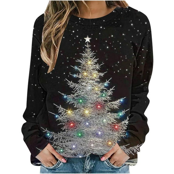 CLOISE Cute Sweatshirts for Women Crew Neck Tops Christmas Tree Graphic ...
