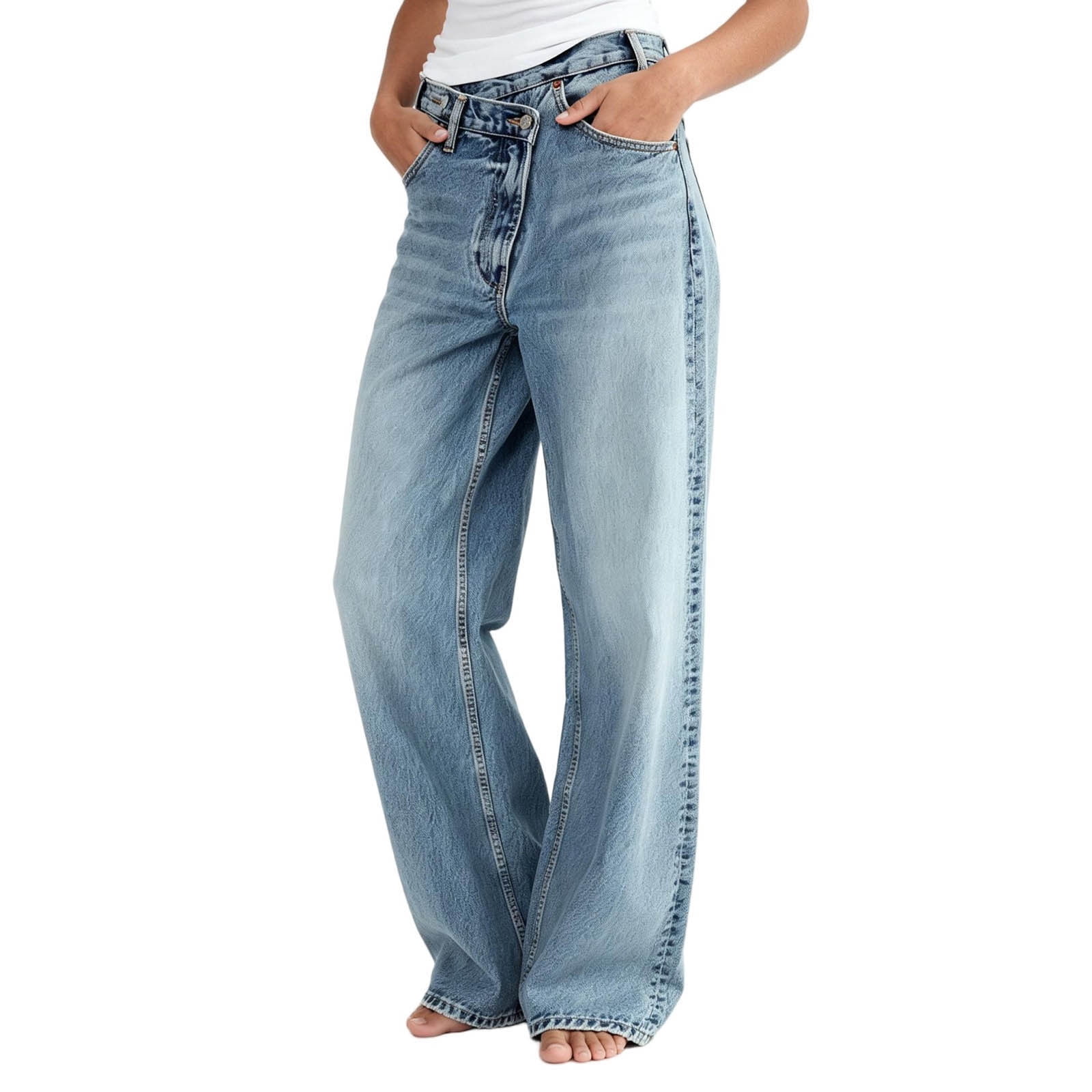 CLOISE Denim Pants for Women with Pockets Mid Waist Straight Leg Long ...