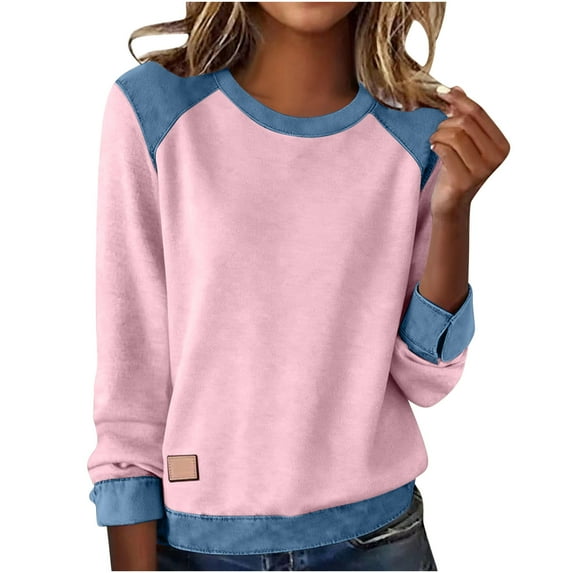 CLOISE Denim Patchwork Tops for Women Long Sleeve Shirts Collared ...