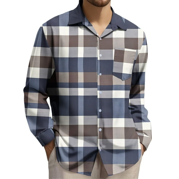 CLOISE Fall Tops for Men Trendy Big and Tall Collared Shirt Plaid Long ...
