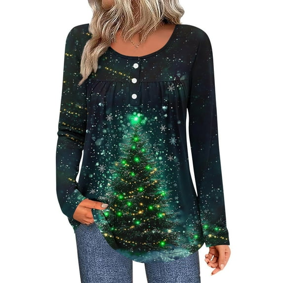 CLOISE Graphic Tees for Women Trendy Crew Neck Button Christmas Tree ...
