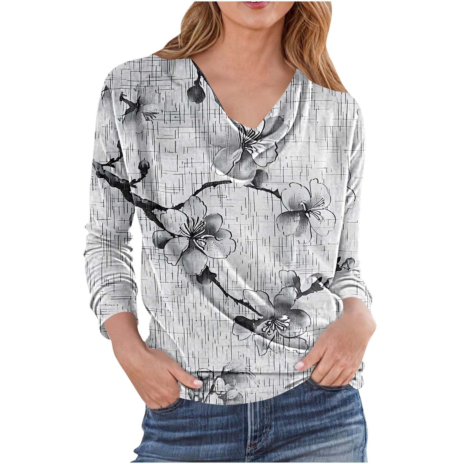 CLOISE Graphic Tees for Women Trendy V Neck Graphic Long Sleeve ...