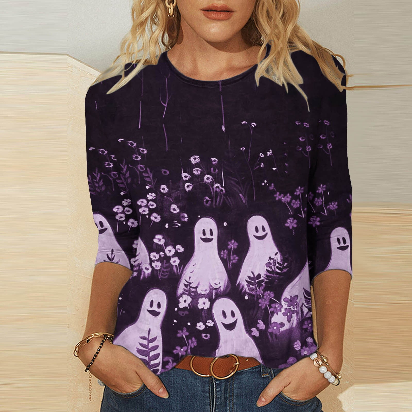CLOISE Halloween Tops Women Fashion Halloween Ghost Graphic Tops 3/4 ...