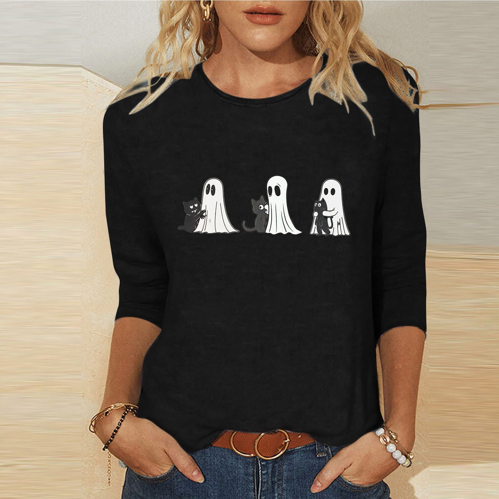CLOISE Halloween Tops Women Fashion Halloween Ghost Print Shirts 3/4 ...