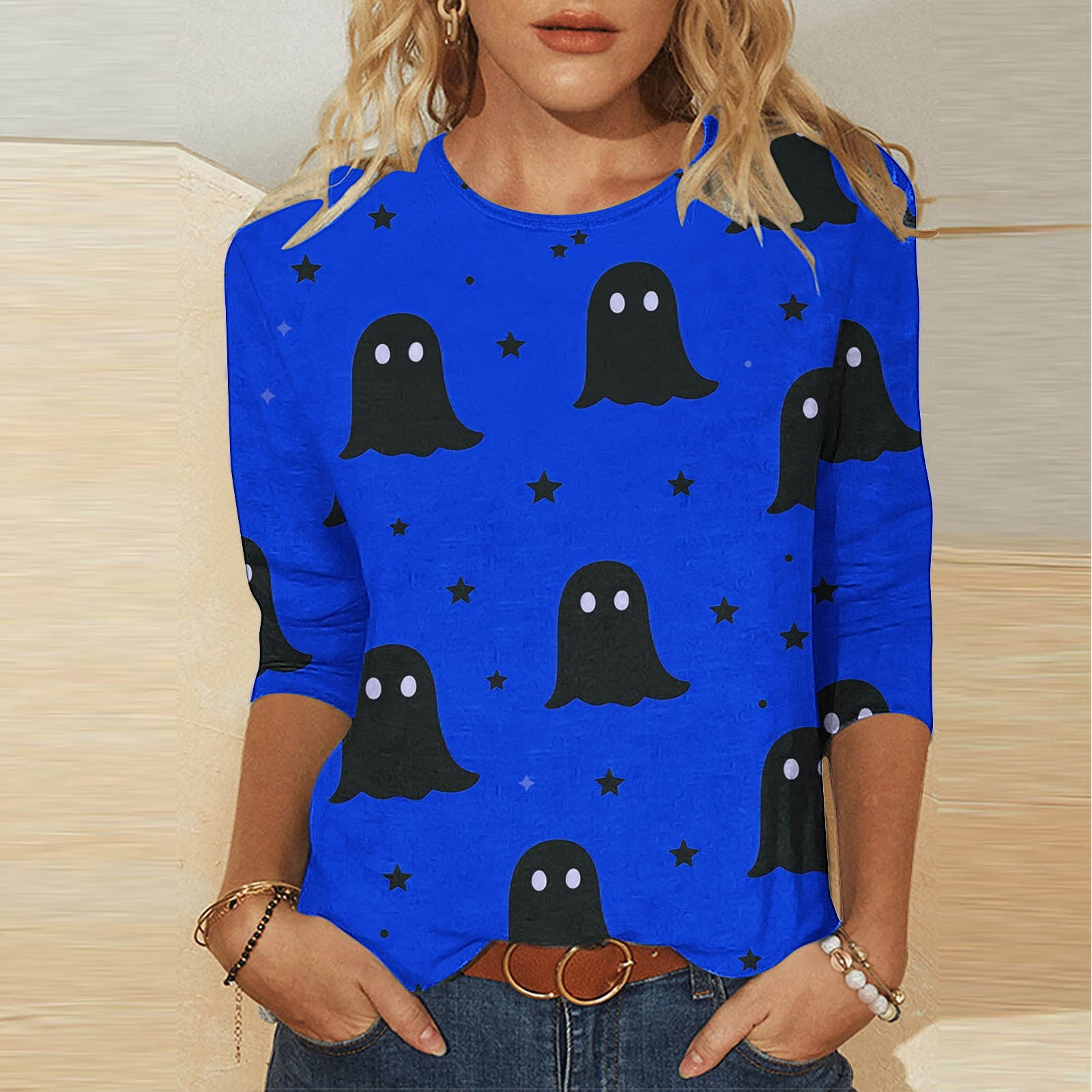 CLOISE Halloween Tops Women Fashion Halloween Ghost Printed Blouses 3/4 ...
