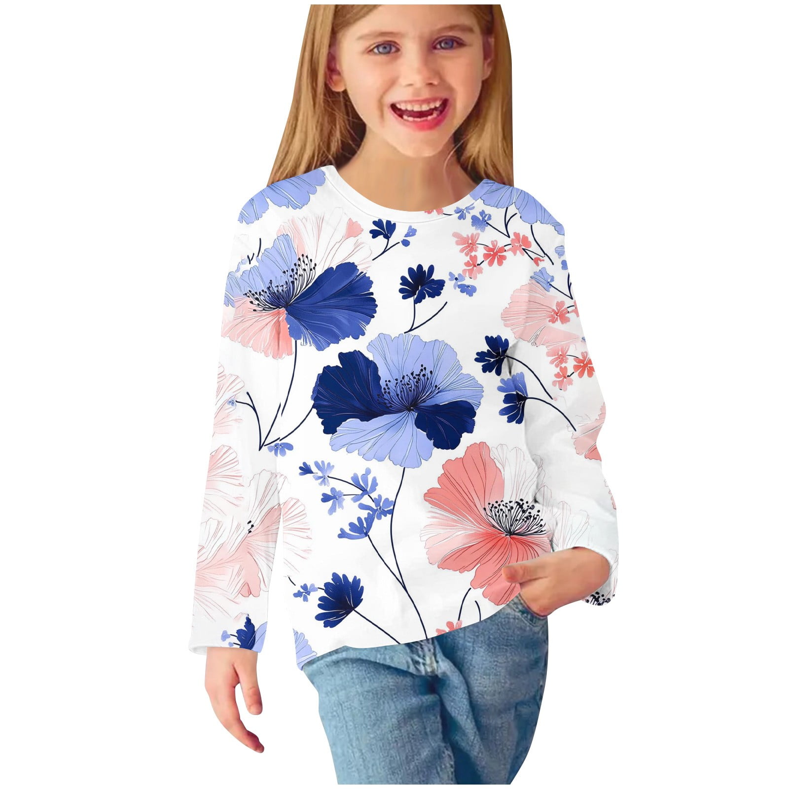 CLOISE Kids White T Shirt Long Sleeve Boys Girls Teen Crew Neck Tops Floral Casual Fashion Fall ...