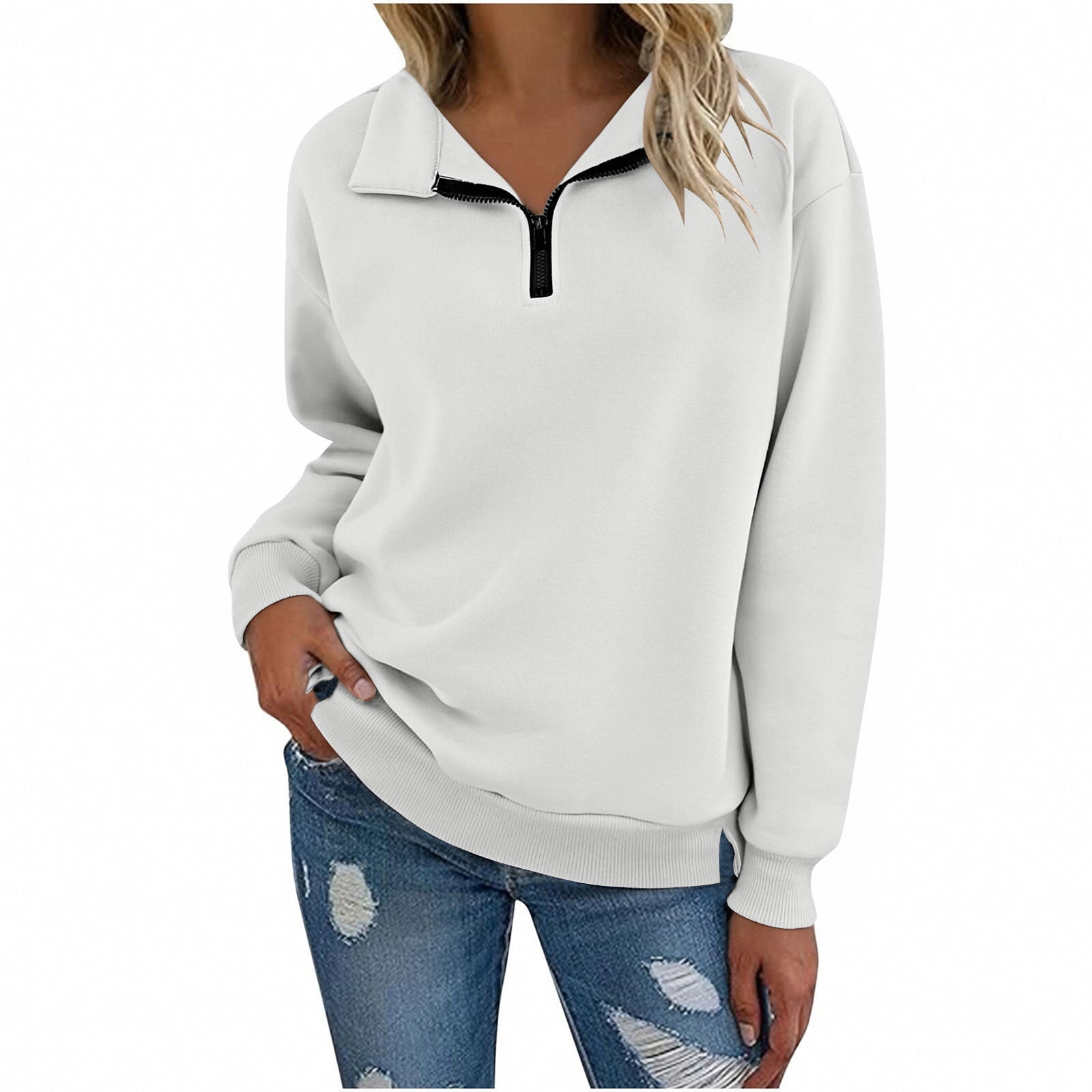 CLOISE Ladies Sweatshirts Long Sleeve Lightweight Collared Tops Zip up ...