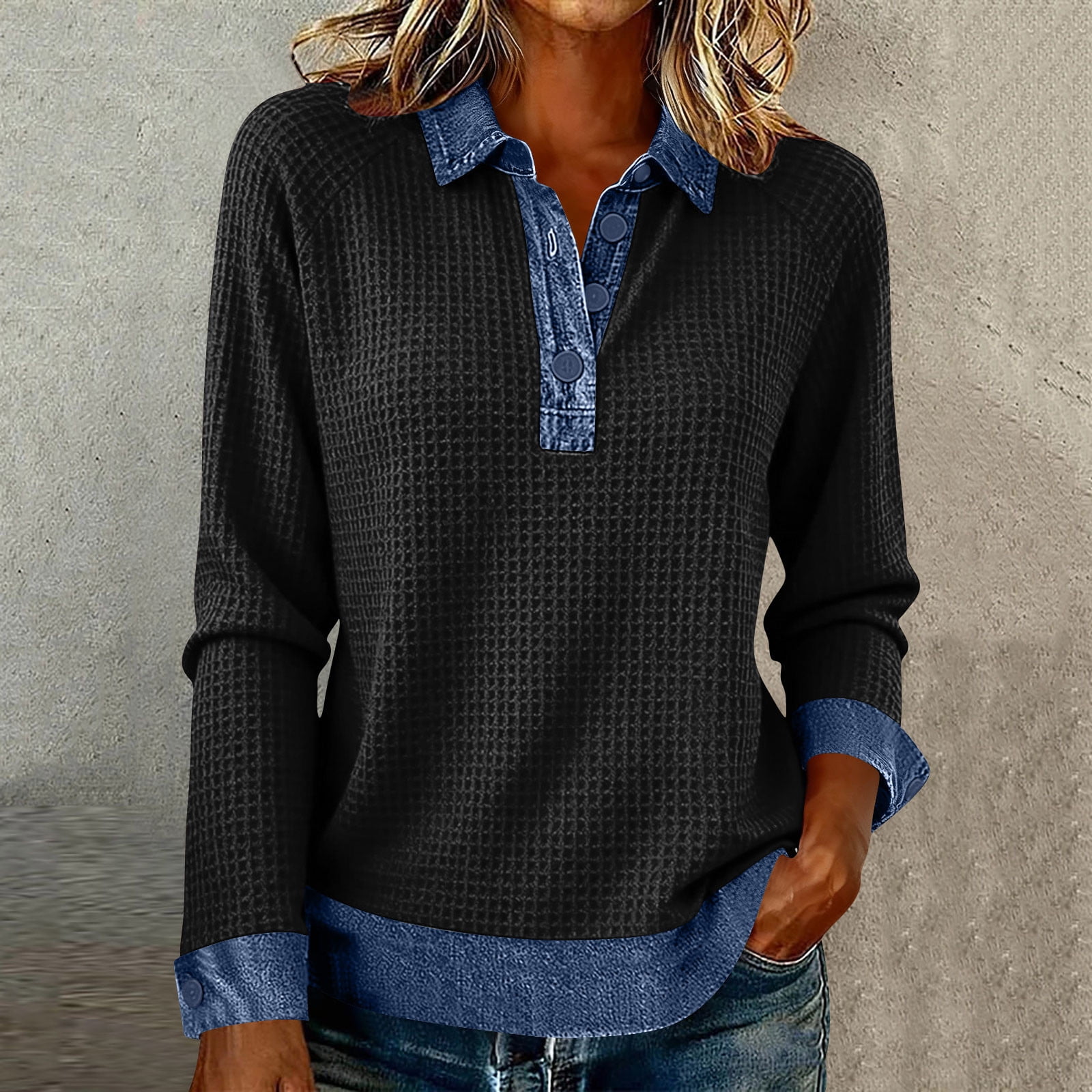 CLOISE Long Sleeve Denim Patchwork Shirt for Women Pullover Tops Button ...