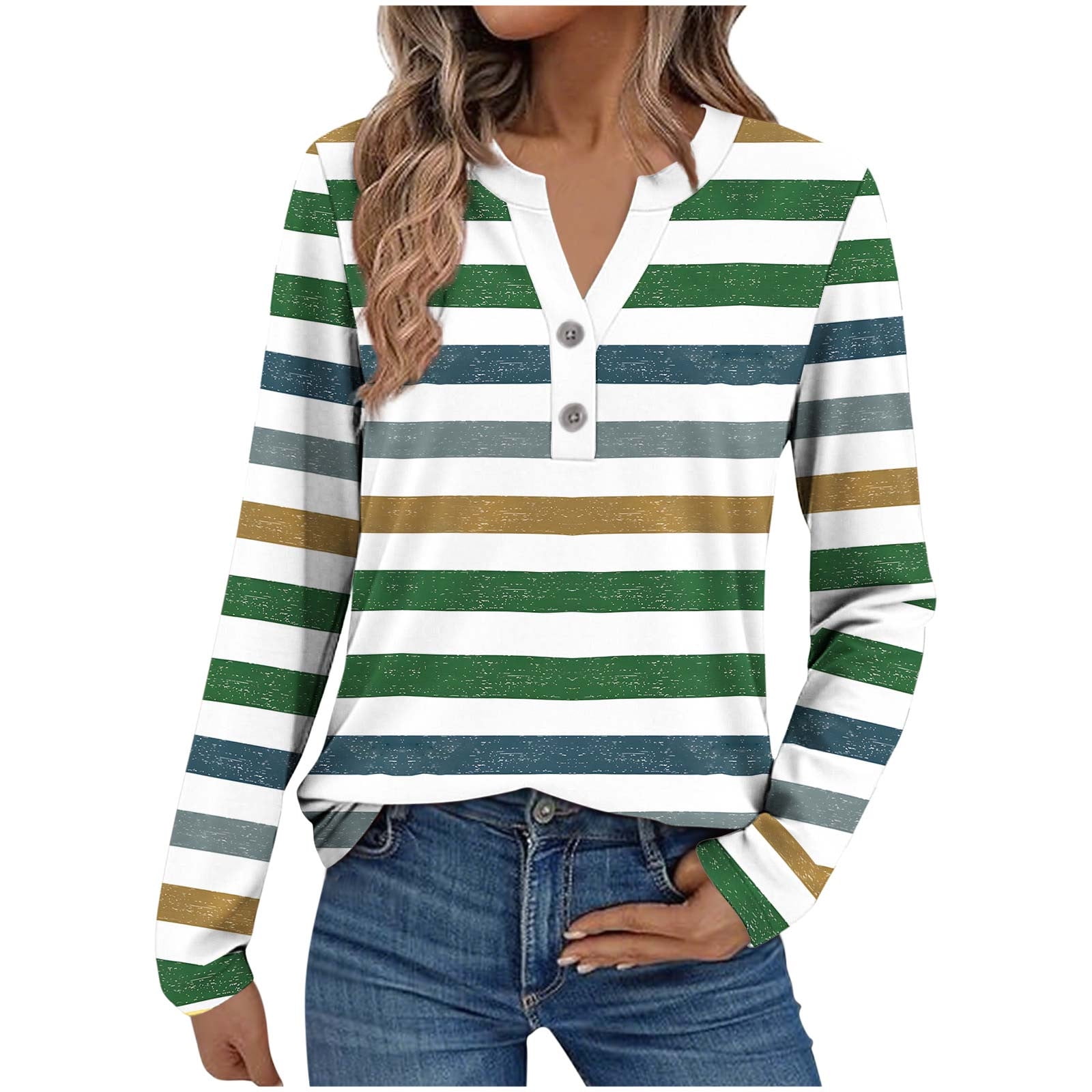 CLOISE Long Sleeve Shirt Women Plus Size V Neck Tops Button Striped ...