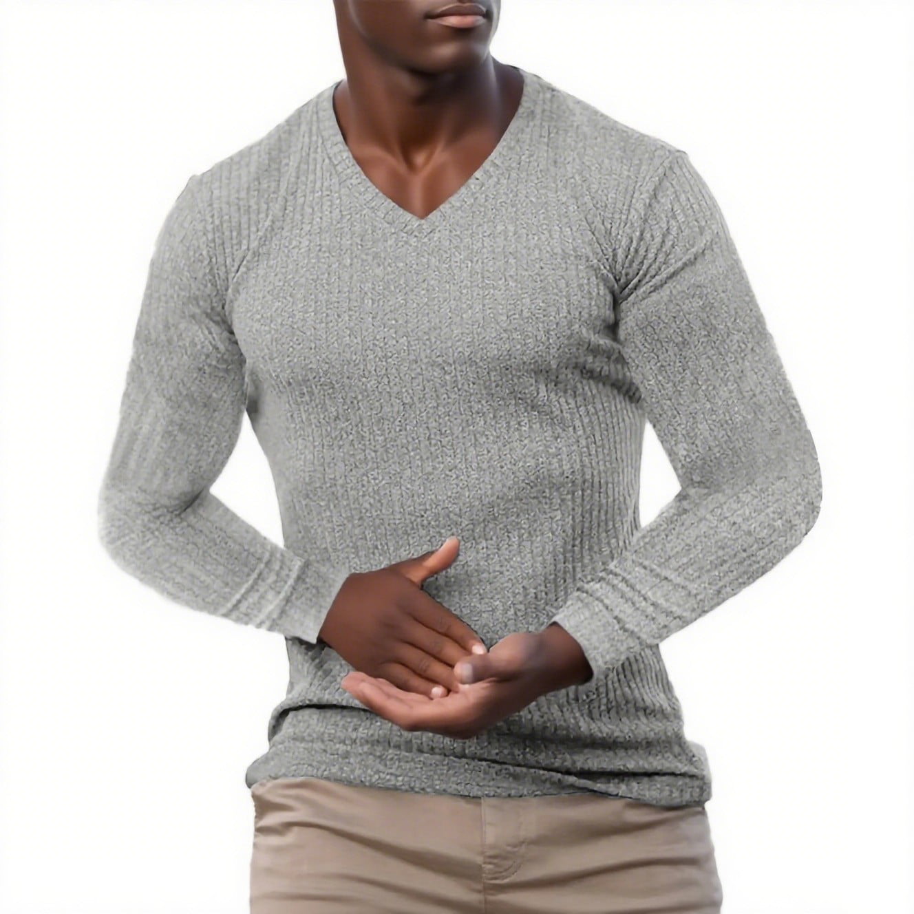 CLOISE Men Tops Trendy Lightweight V Neck Shirt Solid Color Long Sleeve ...