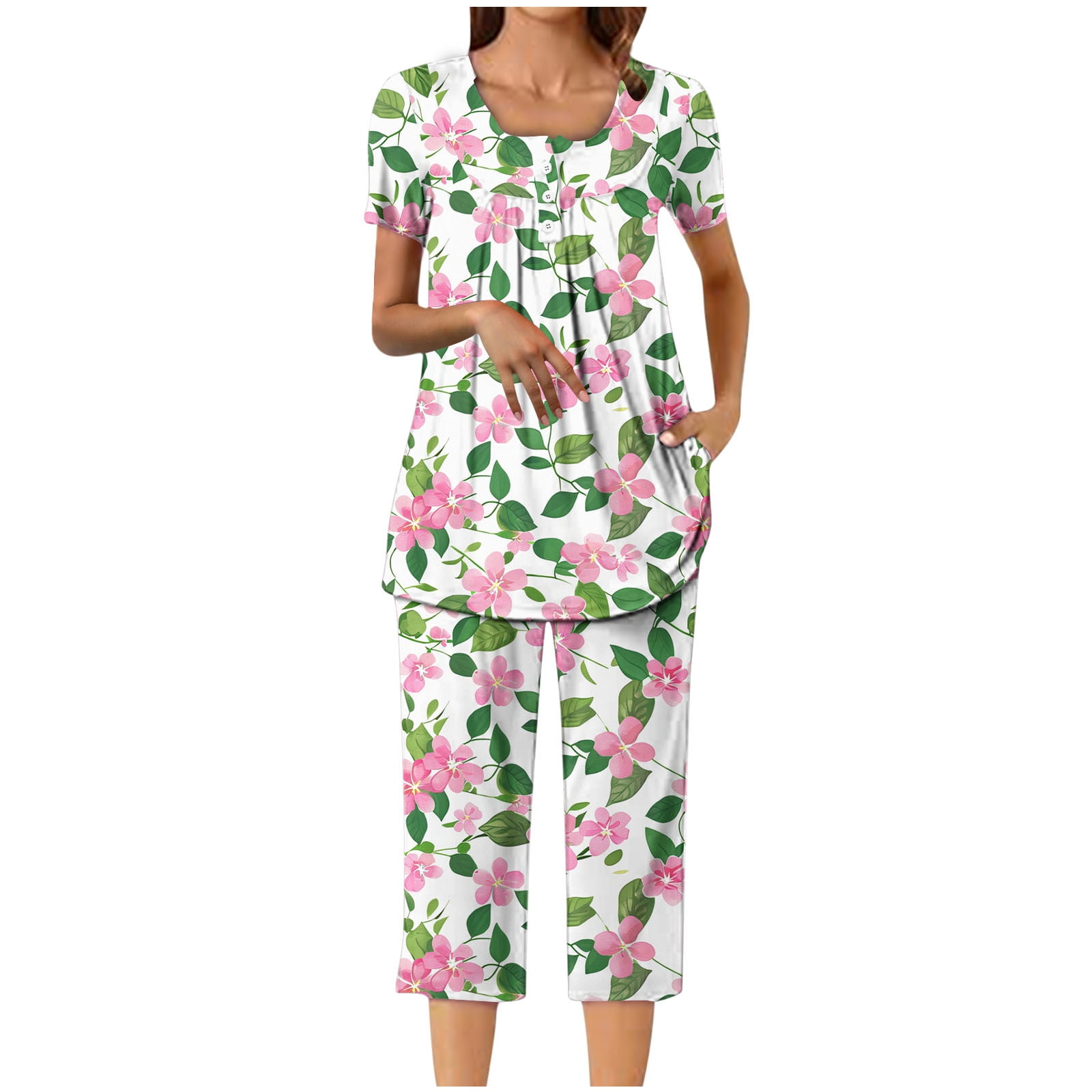 CLOISE Pajama Sets for Women 2 Piece Cozy Short Sleeve Sleepwear Tops ...