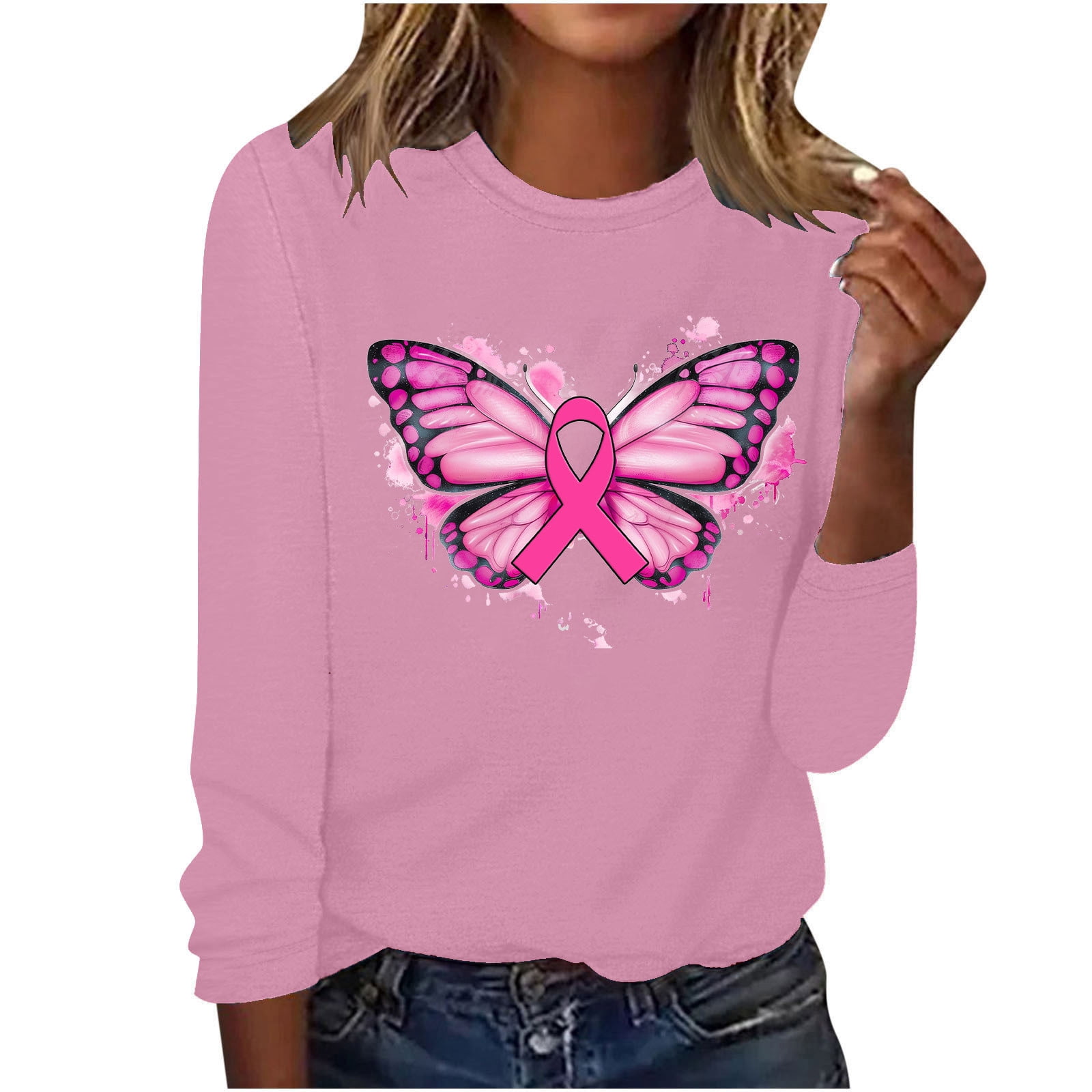 CLOISE Pink Breast Cancer Tops Women Long Sleeve Round Neck Tops ...
