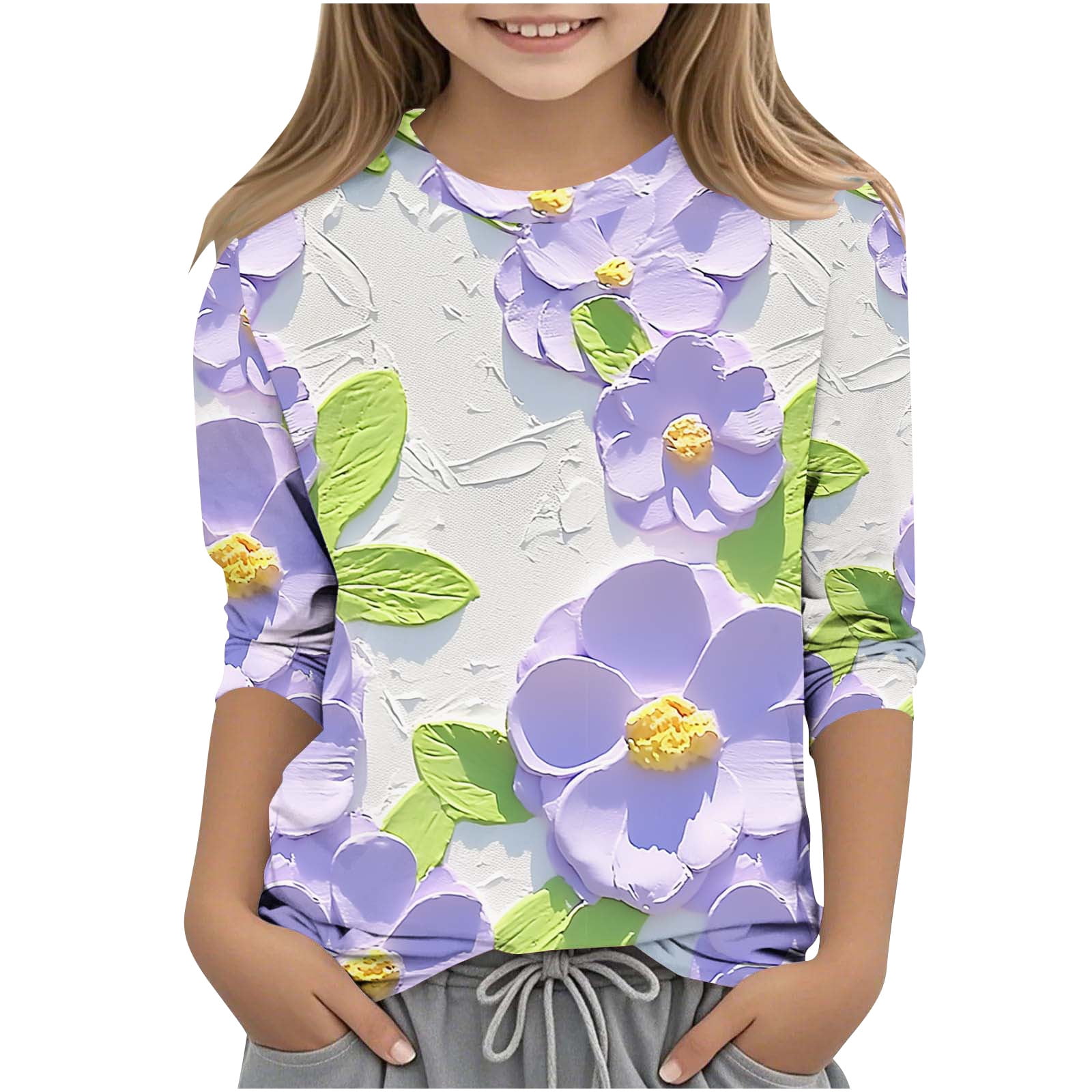 CLOISE Shirts for Girls 3/4 Sleeve Boys Youth Crew Neck Tops Floral ...