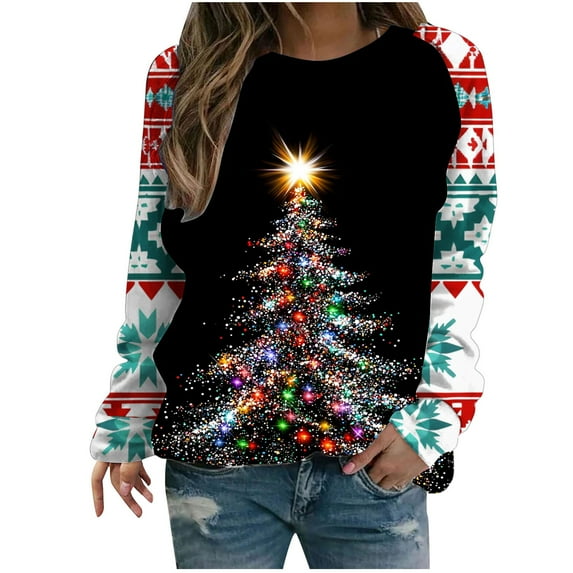 CLOISE Sweatshirts for Women Christmas Crew Neck Tops Christmas Tree ...