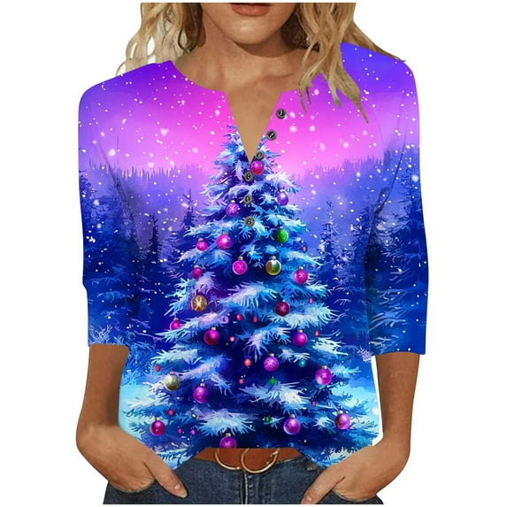 CLOISE Tops for Women Christmas Plus Size V Neck Shirt Button Christmas ...