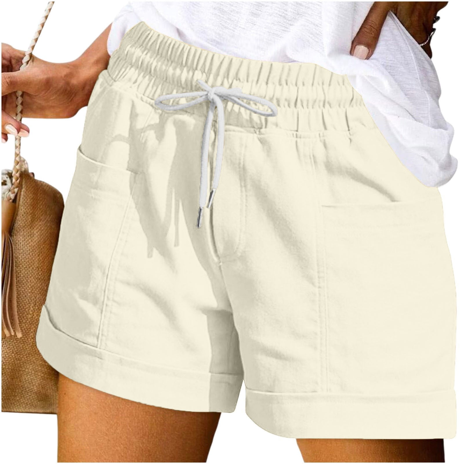 CLOISE Women Summer Shorts with Pockets Drawstring Mid Waist Straight ...