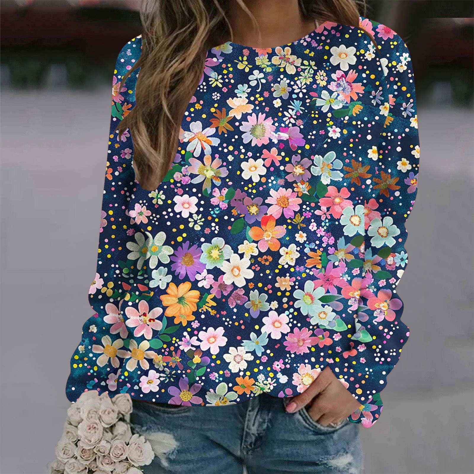 CLOISE Women Sweatshirts Flower Print Oversized Sweatshirts Crewneck ...