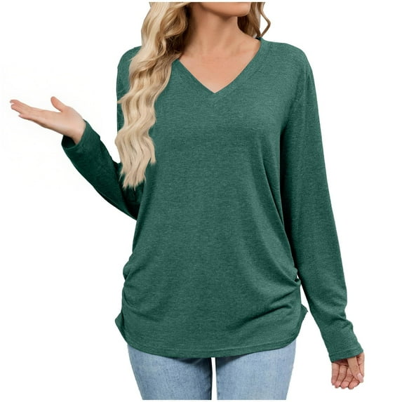 CLOISE Women Tops Casual V Neck Shirt Solid Color Long Sleeve Pullover ...