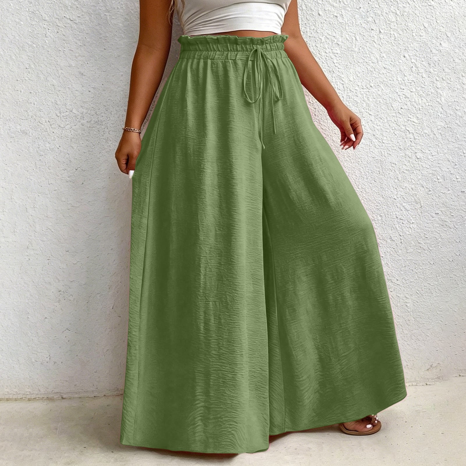 CLOISE Women Wide Leg Pants Plus Size Mid Waist Long Pants Elastic ...