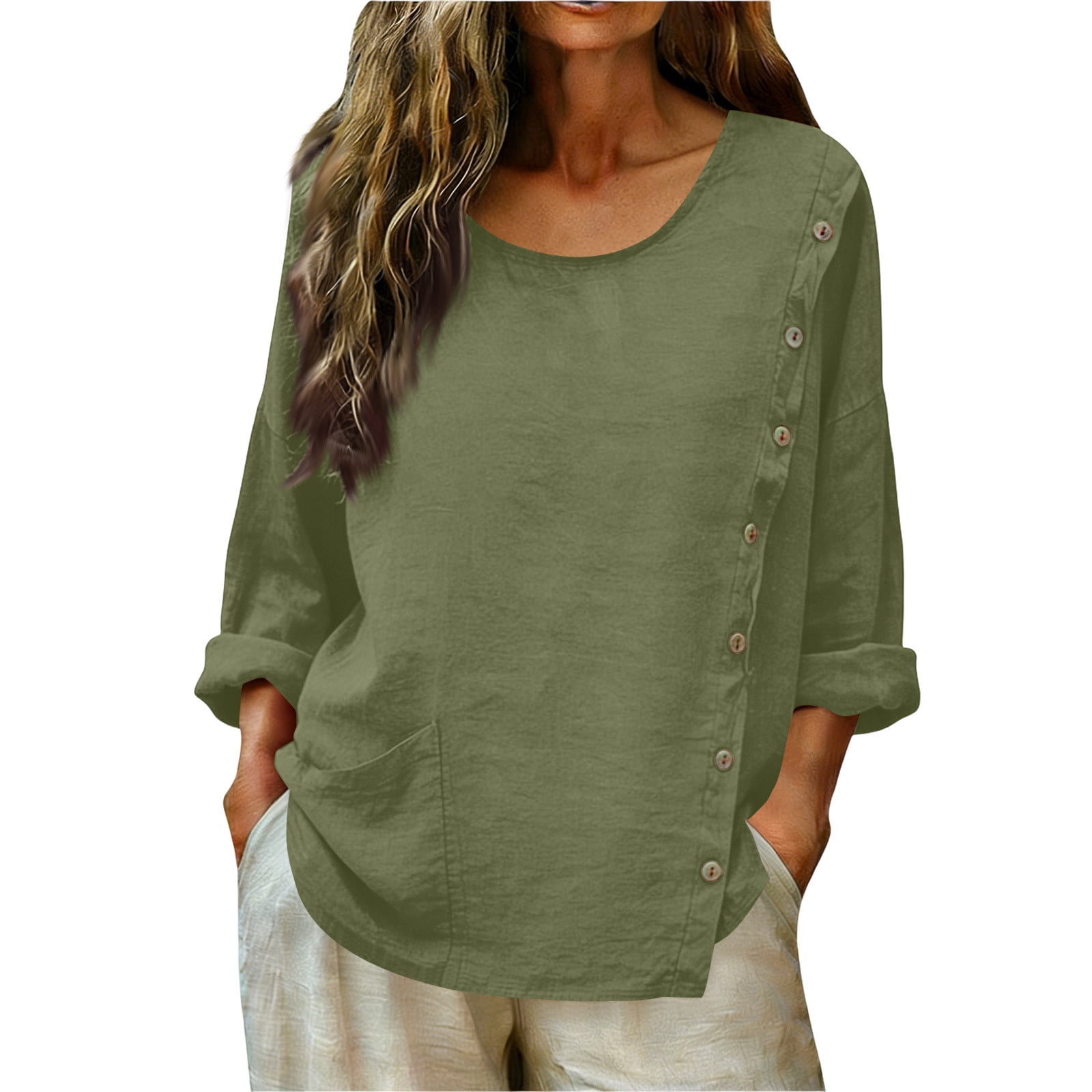 CLOISE Women's 3/4 Sleeve Tops Crew Neck Shirts Ornamental Button Solid ...