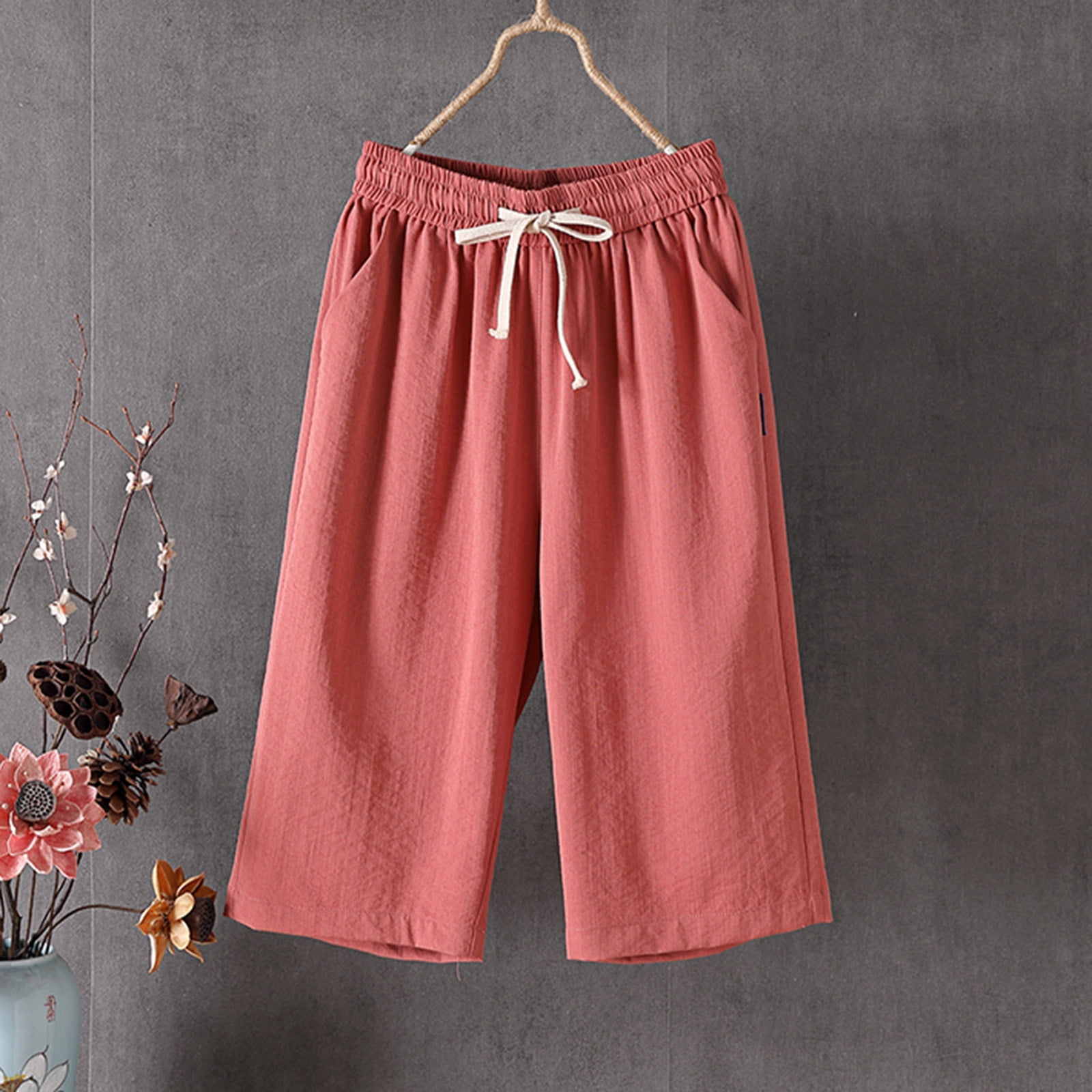 CLOISE Women's Capri Pants with Pockets Stretch Wide Leg Pants Elastic Waisted Palazzo Pants ...