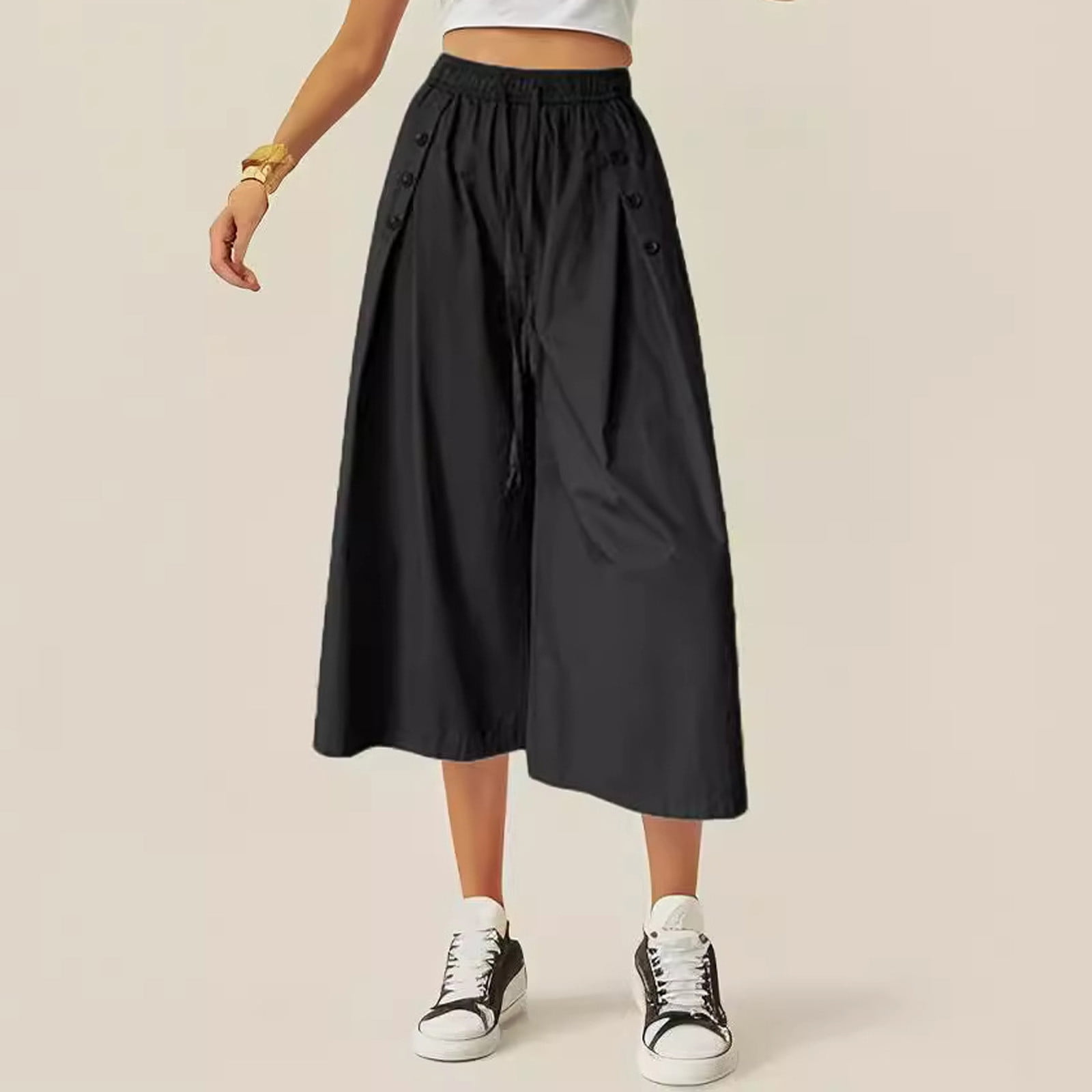 CLOISE Women's Capris Plus Size Stretch Wide Leg Pants Elastic High Waisted Palazzo Pants Summer ...