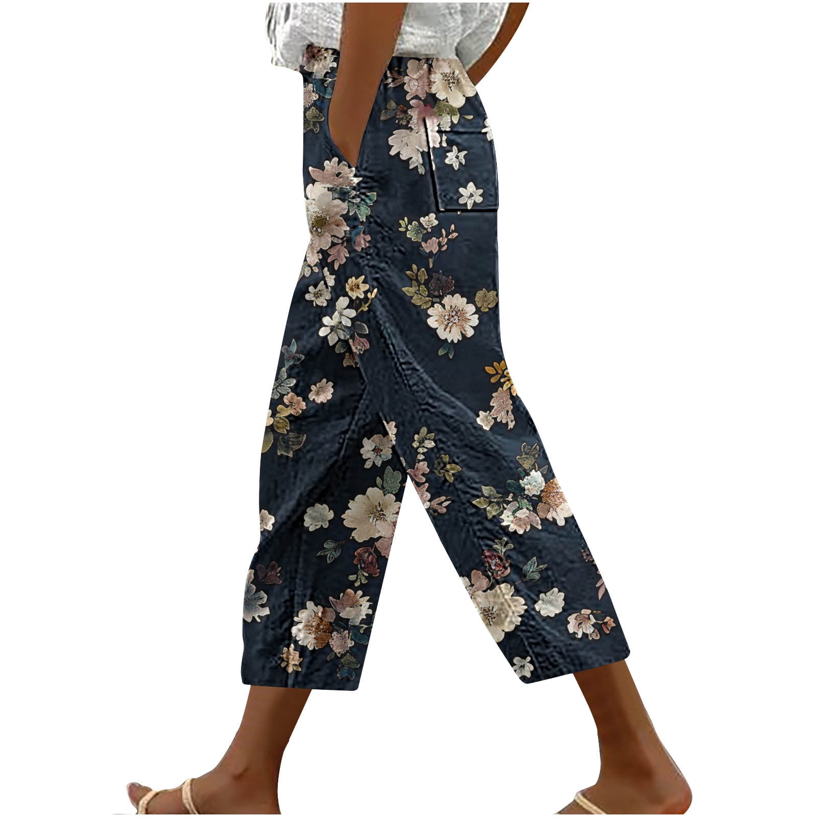 CLOISE Women's Capris with Pockets Stretch Wide Leg Pants Elastic High Waisted Palazzo Pants ...