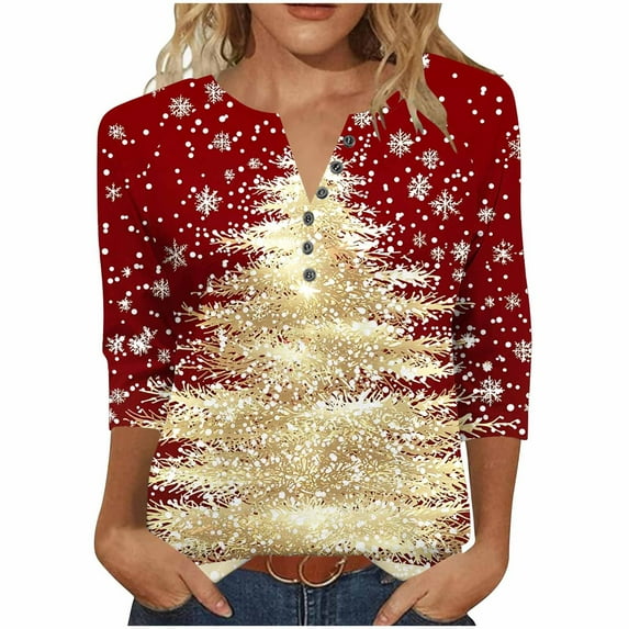 CLOISE Women's Tops Christmas Plus Size V Neck Shirt Button Christmas ...