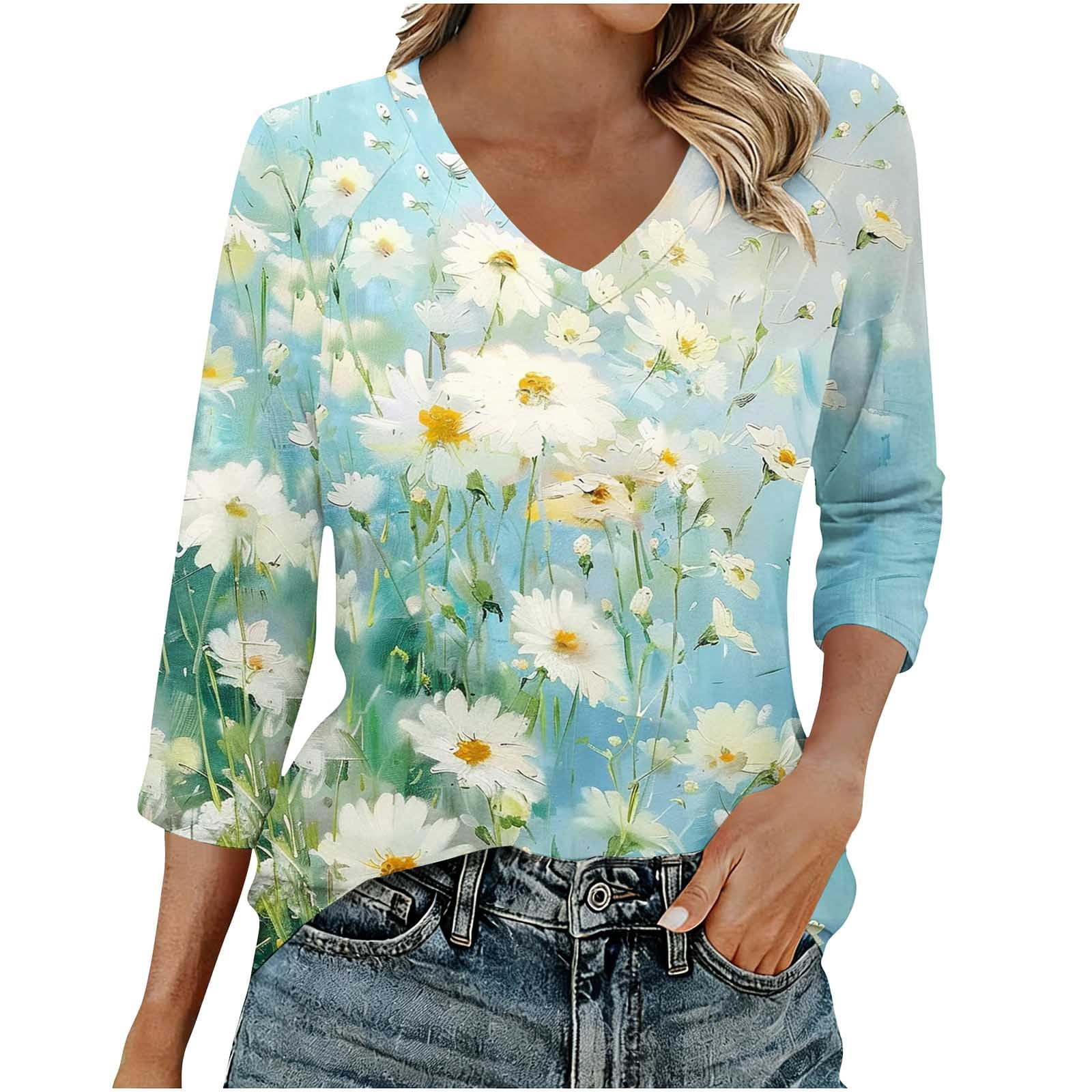CLOISE Womens 3/4 Sleeve Tops Casual Raglan Sleeve Shirts Floral V Neck ...