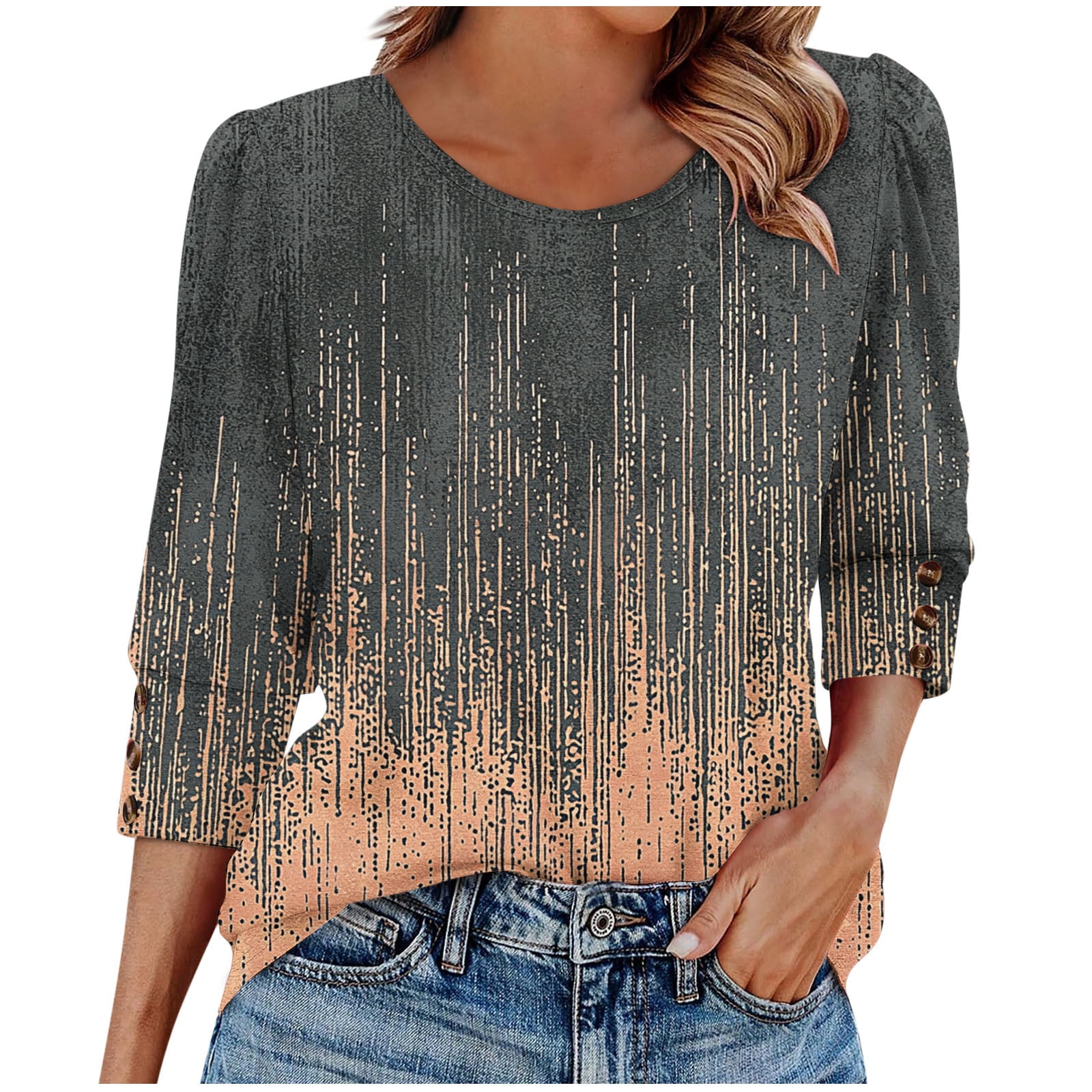 CLOISE Womens 3/4 Sleeve Tops Plus Size Crew Neck Shirt Button Graphic ...