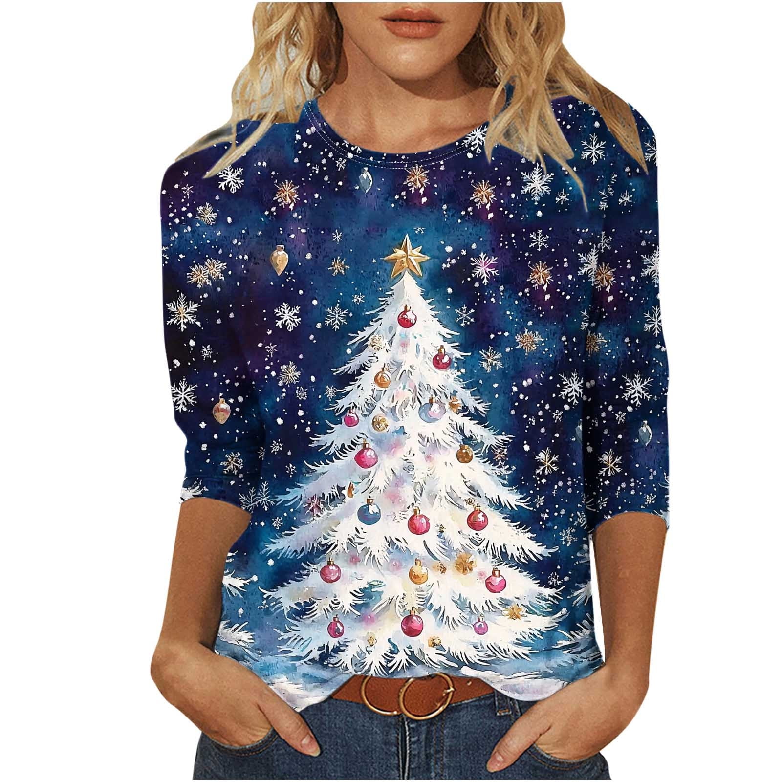 CLOISE Womens 3/4 Sleeve Tops and Blouses Christmas Crew Neck Shirt ...