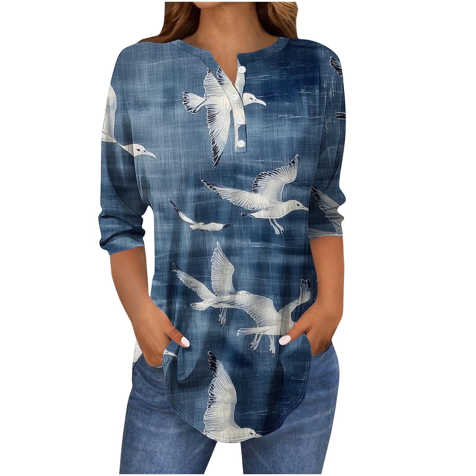 CLOISE Womens 3/4 Sleeve Tops and Blouses V Neck Shirt Button Tunic ...