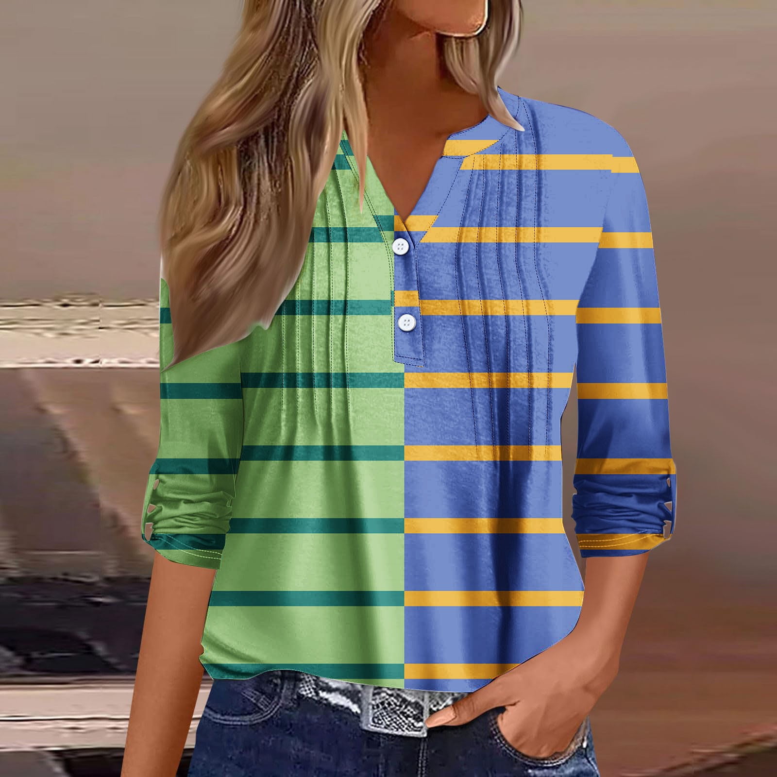 CLOISE Womens Blouses 2024 Fall Trendy Striped Shirts Button V Neck 3/4 ...
