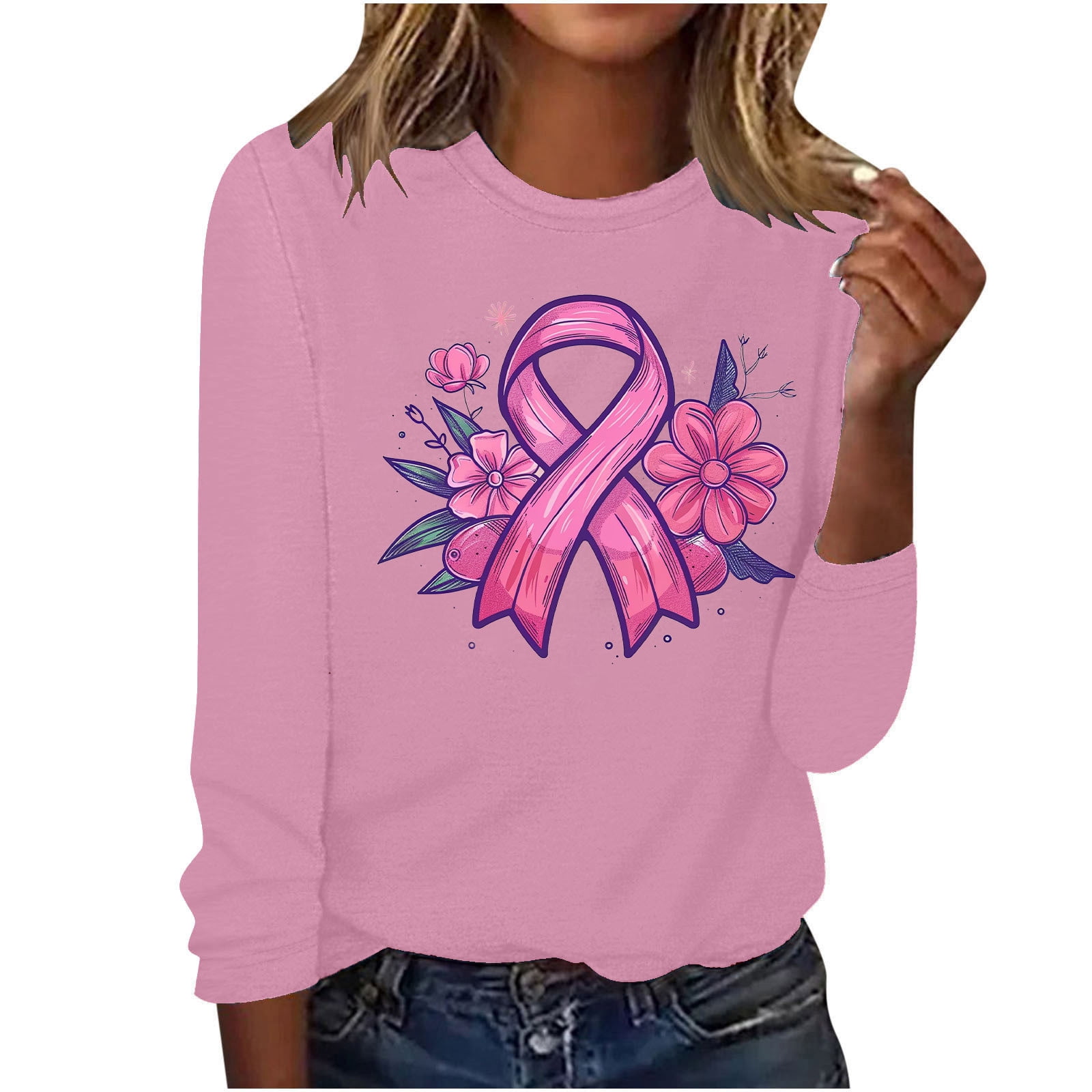 CLOISE Womens Breast Cancer Shirts Long Sleeve Crew Neck Blouses Floral Ribbon Pink Breast ...