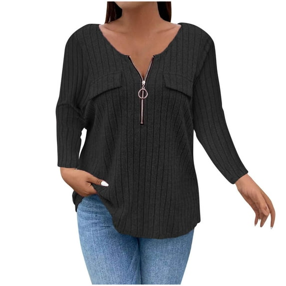 CLOISE Womens Business Casual Tops Pockets Plus Size V Neck Shirt Zip ...