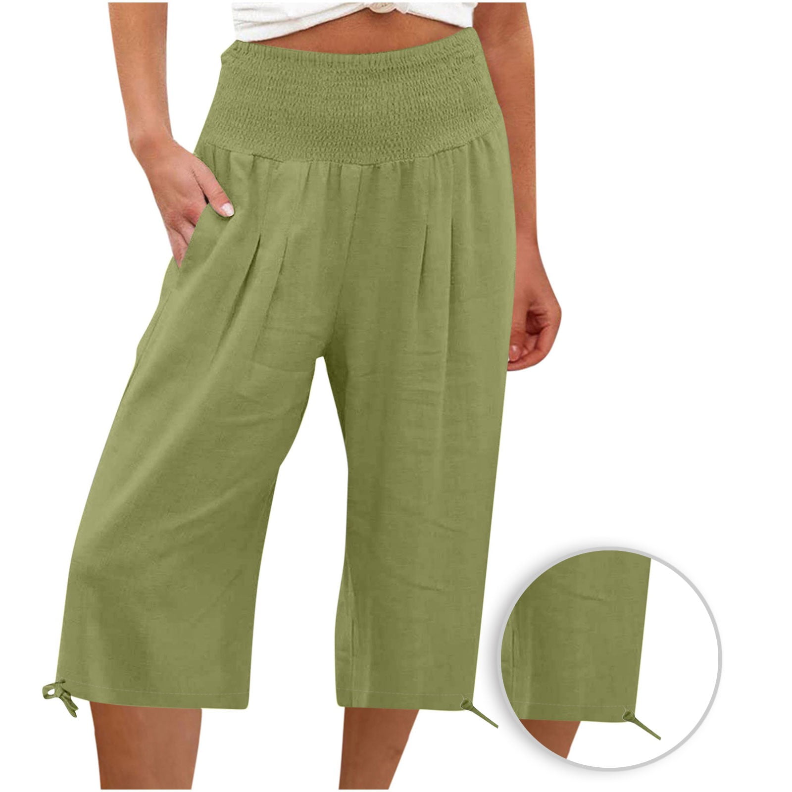 CLOISE Womens Capri Pants with Pockets Stretch Wide Leg Pants Elastic High Waisted Palazzo Pants ...