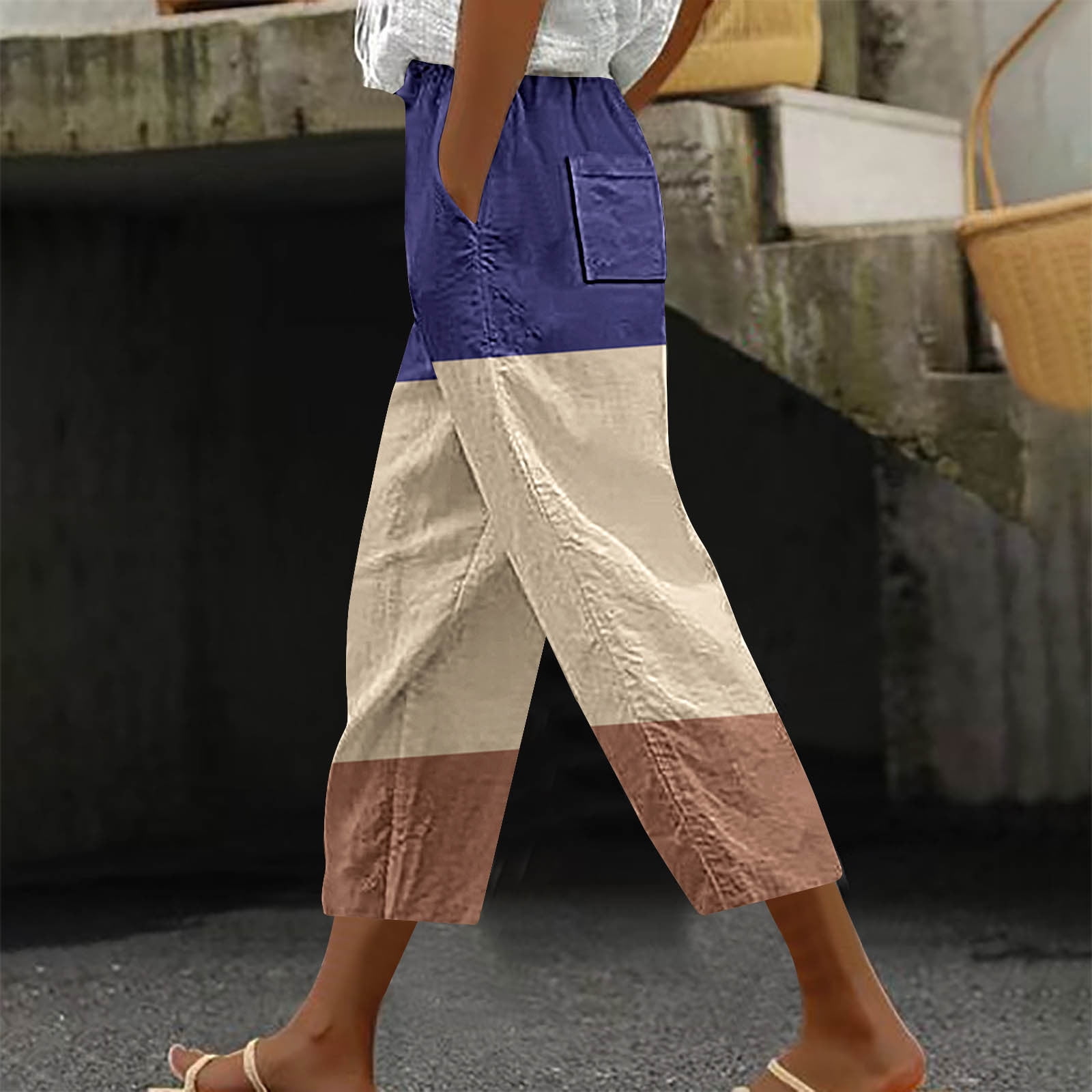 CLOISE Womens Capri Pants with Pockets Stretch Wide Leg Pants Elastic High Waisted Palazzo Pants ...